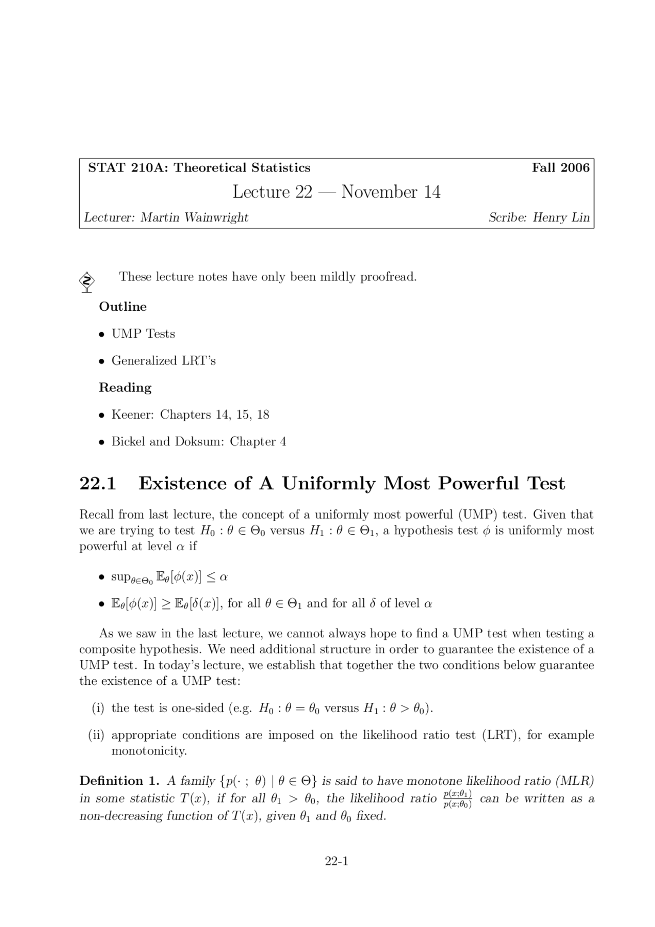 UMP Tests, Generalized LRT's, Theoretical Statistics | STAT 210A ...