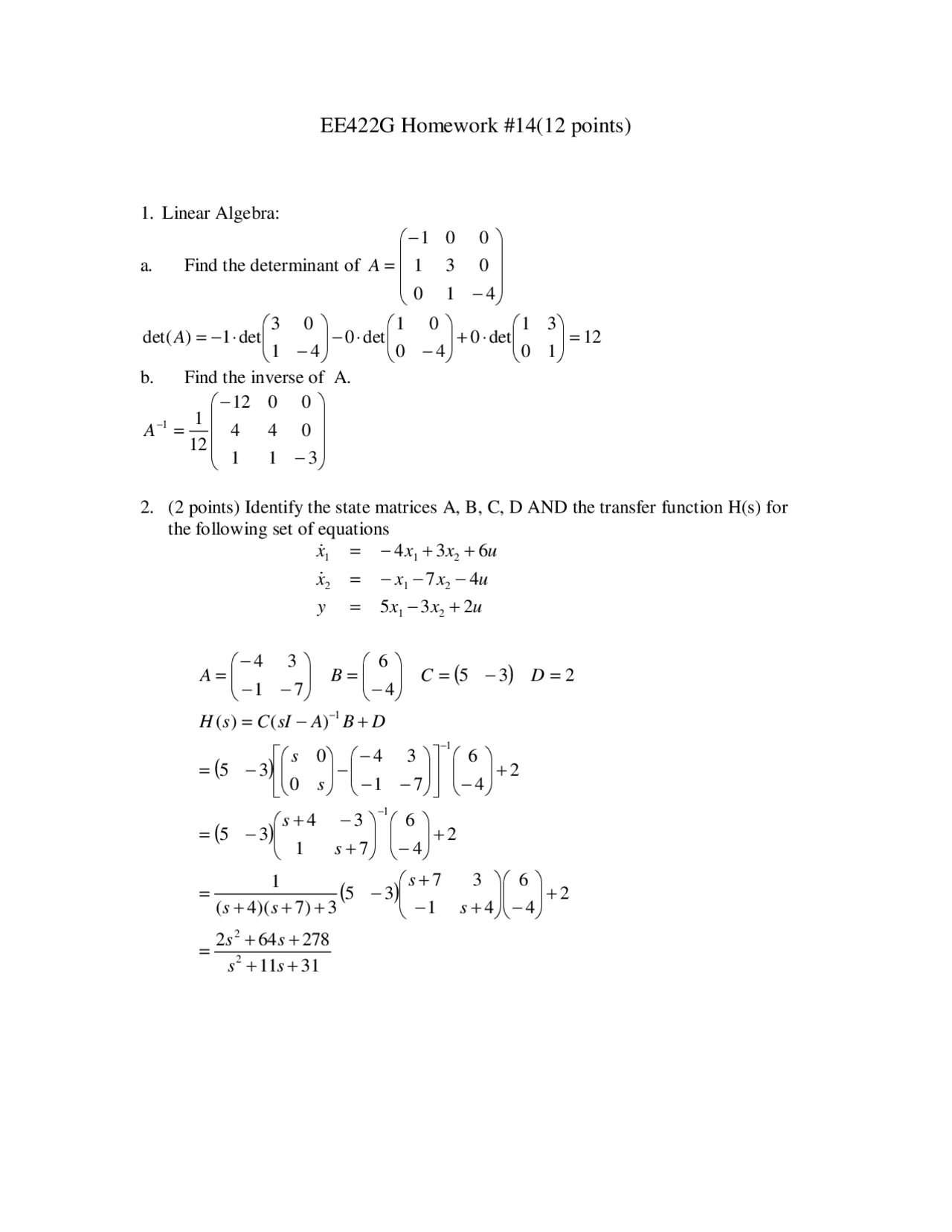Linear Algebra Homework 14: Determinants, Inverses, and State-Space Representation | Assignments ...