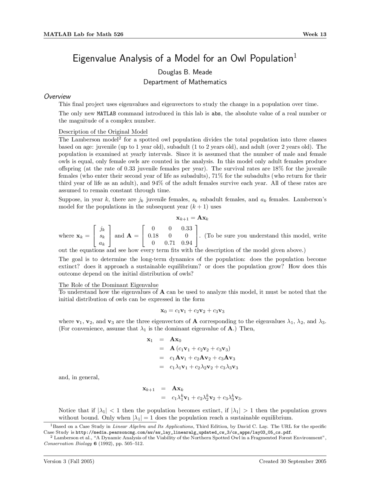 Eigenvalues Analysis of a Model for an Owl Population - Lab 13 | MATH 526 - Docsity