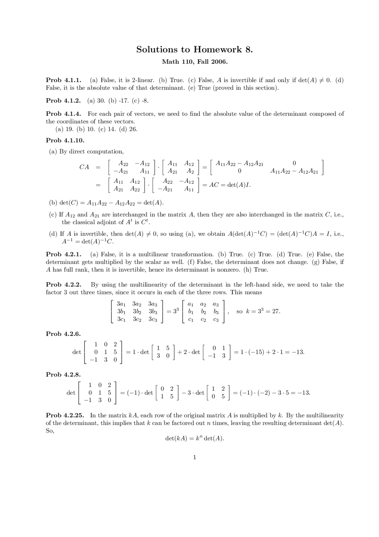 Linear Algebra Homework 8 Solutions Fall 2006 Math 110 Docsity