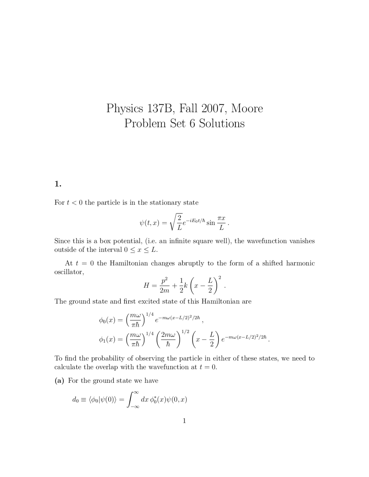 4 Solved Problems in Assignment 6 on Ground and First-excited State | PHYSICS 137B - Docsity