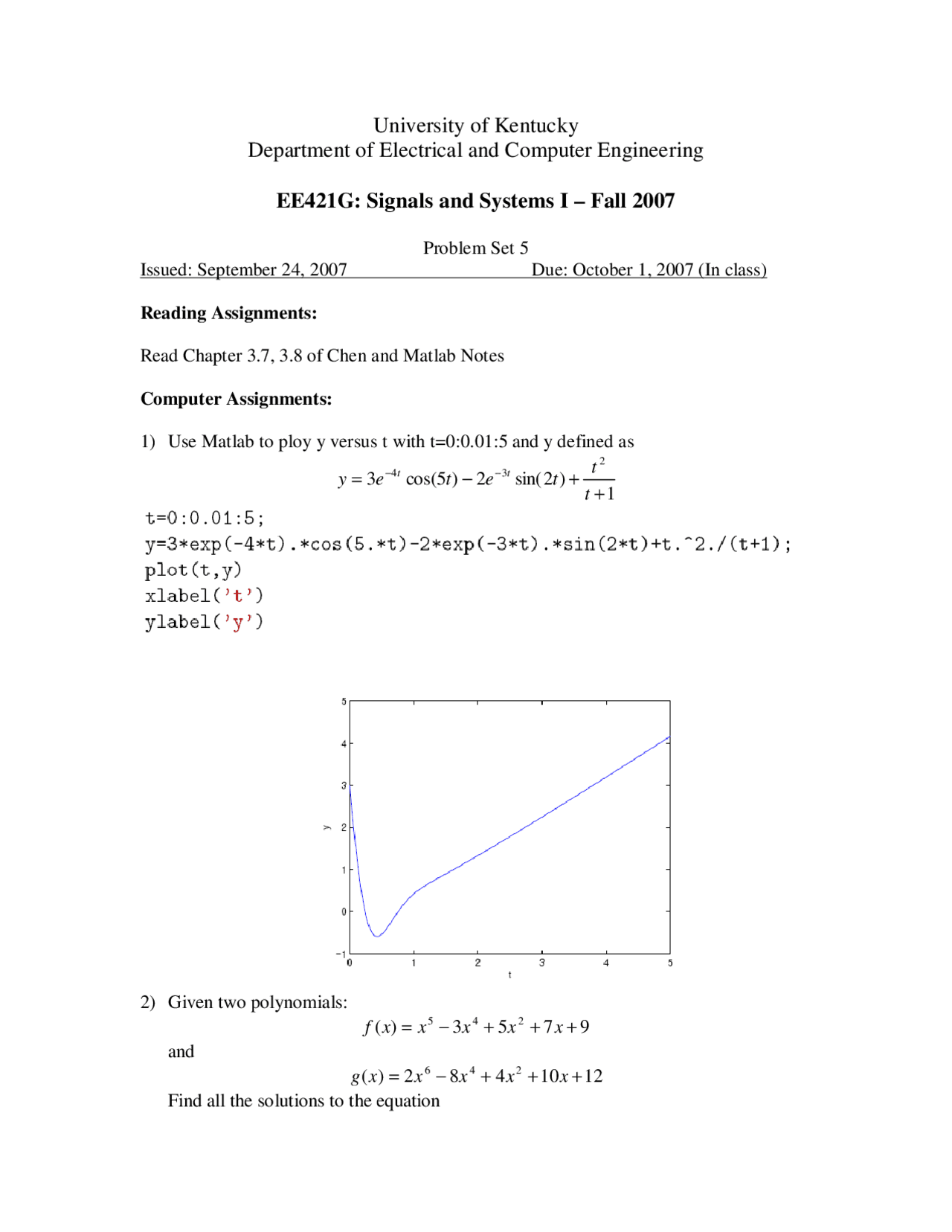 Problem Set 5 Signals And Systems I Ee 421g Docsity