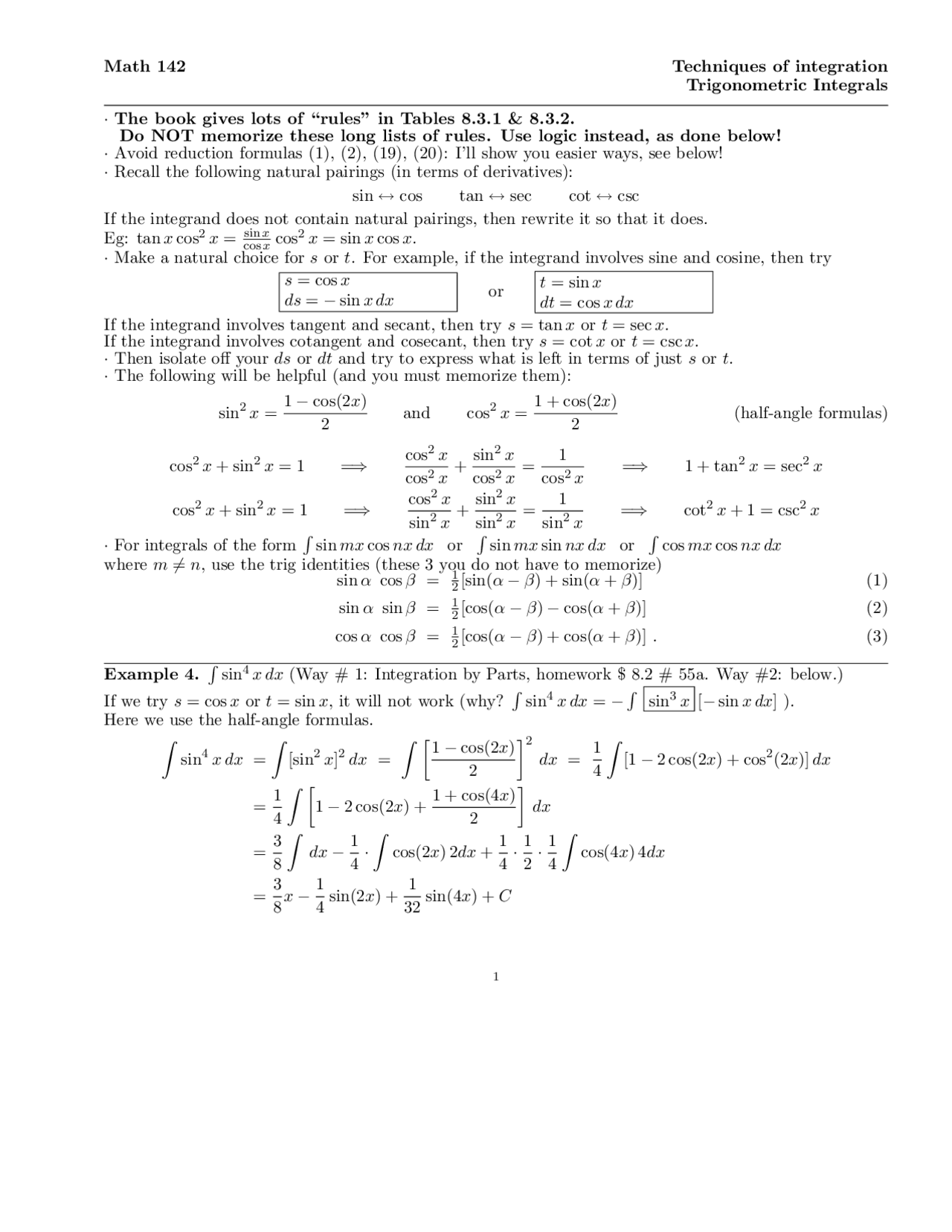 Notes on Techniques of Integration Trigonometric Integral and Examples ...