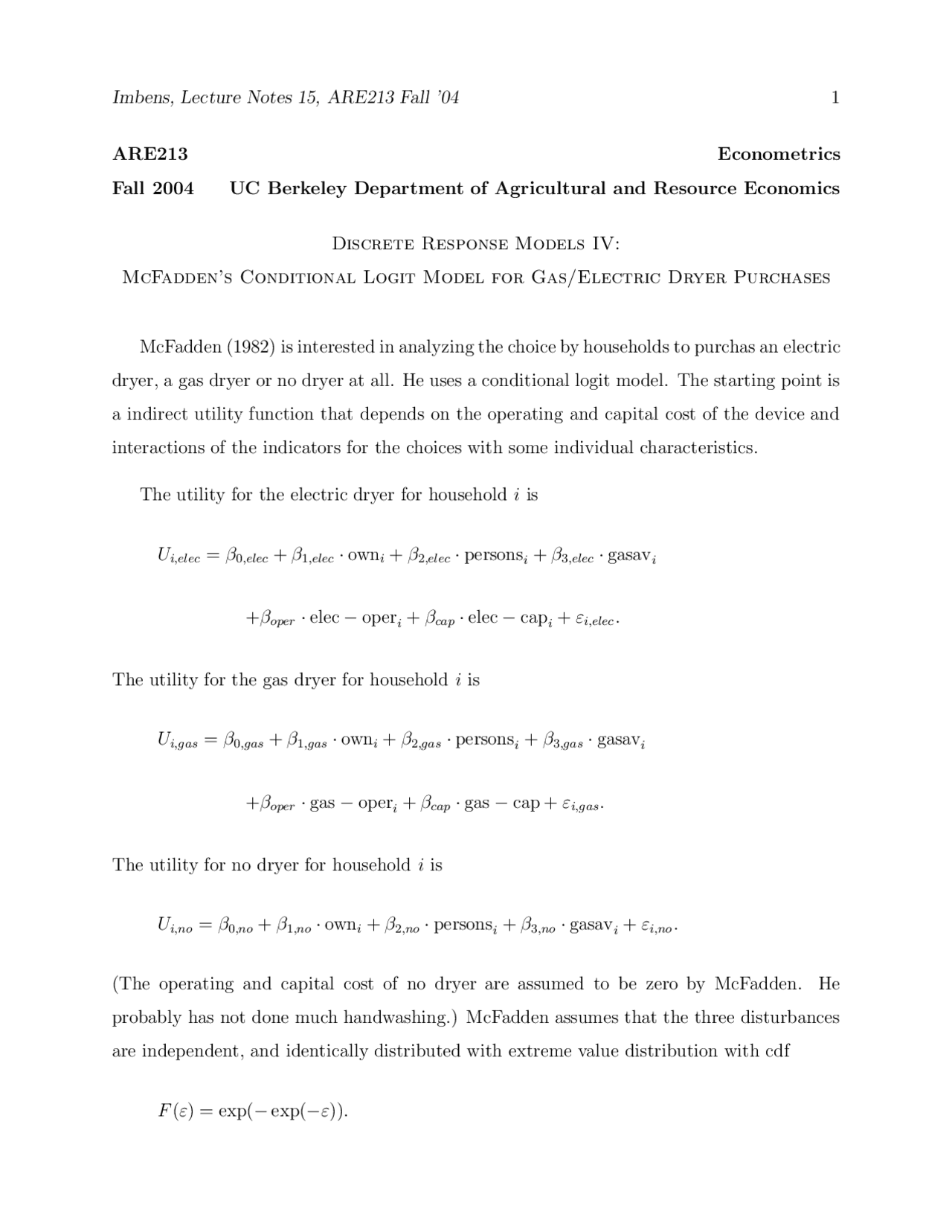 McFadden's Conditional Logic Model for Gas/Electric Dryer Purchases | A ...