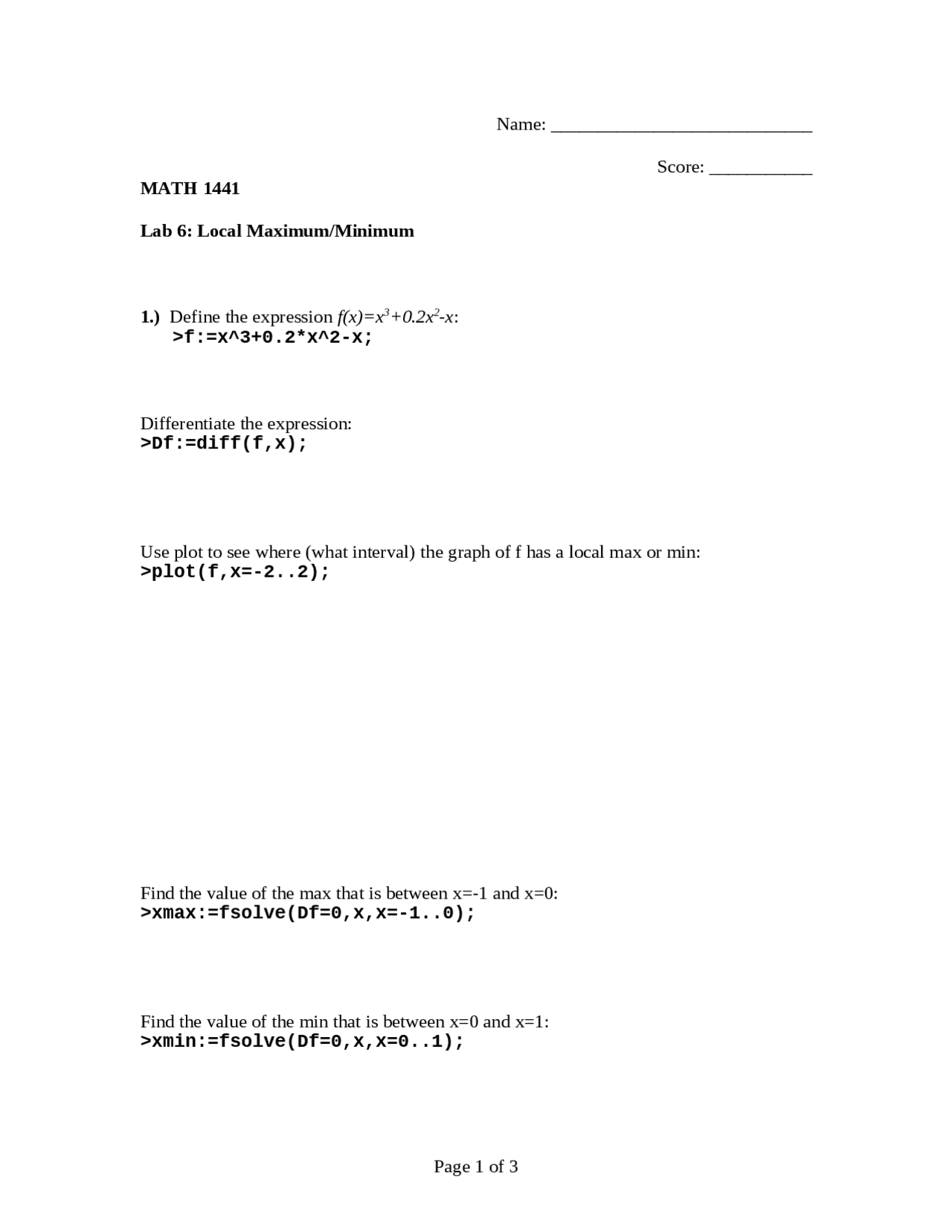 Laboratory Report On Local Maximum And Minimum Calculus I Math 1441 Docsity