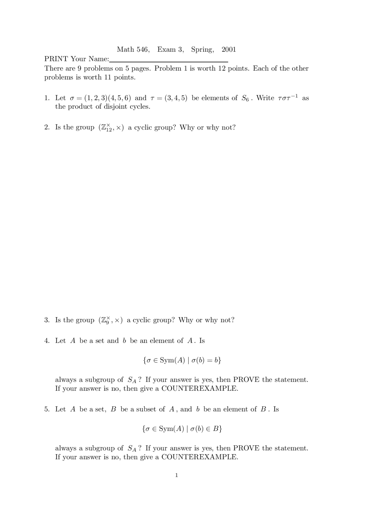 Algebra Structures I 9 Practice Questions For Exam 3 Math 546 Docsity