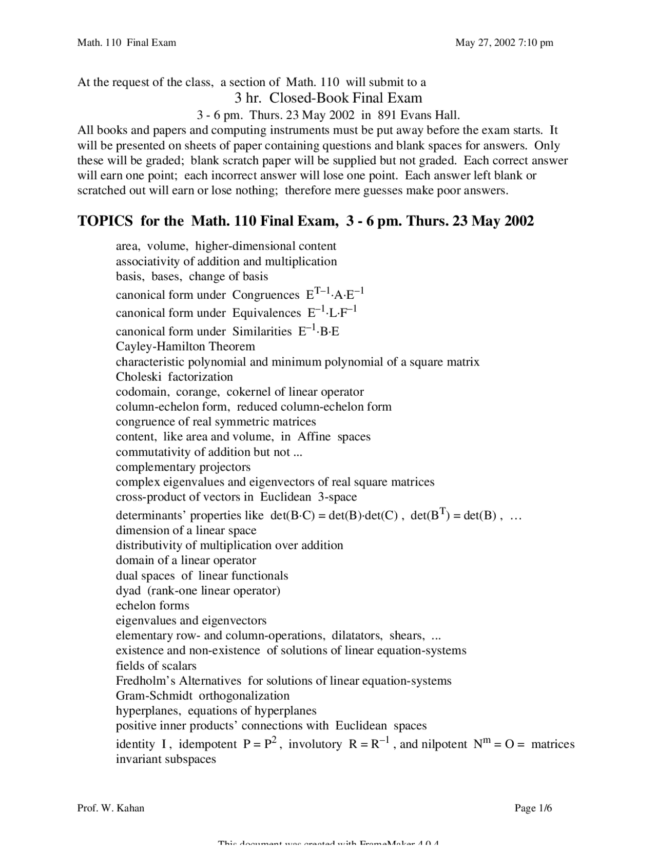 Final Exam Review Sheet Linear Algebra Math 110 Docsity