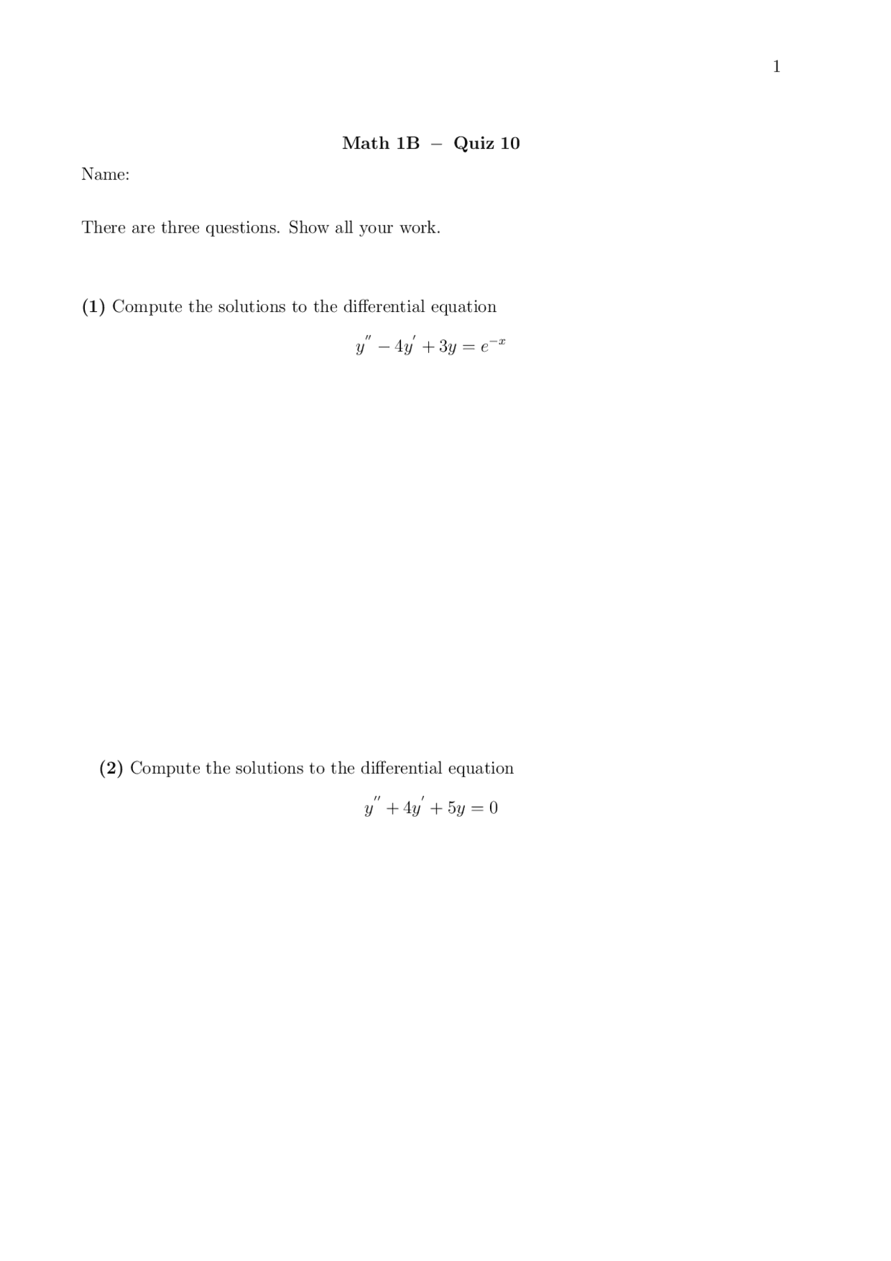 Quiz 10 Solutions for Math 1B: Differential Equations | Quizzes Calculus | Docsity