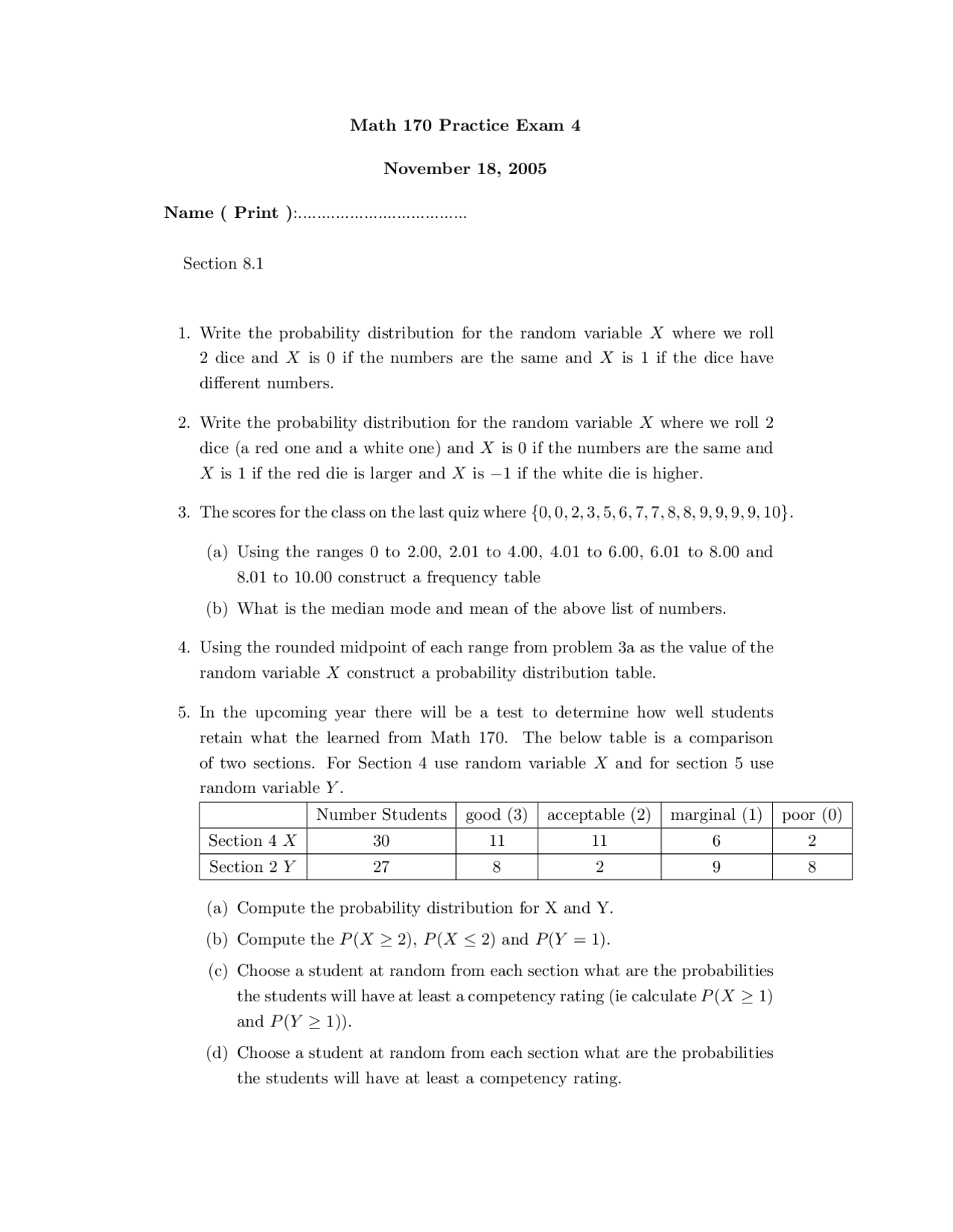 Practice Exam 4 Finite Mathematics Math 170 Docsity