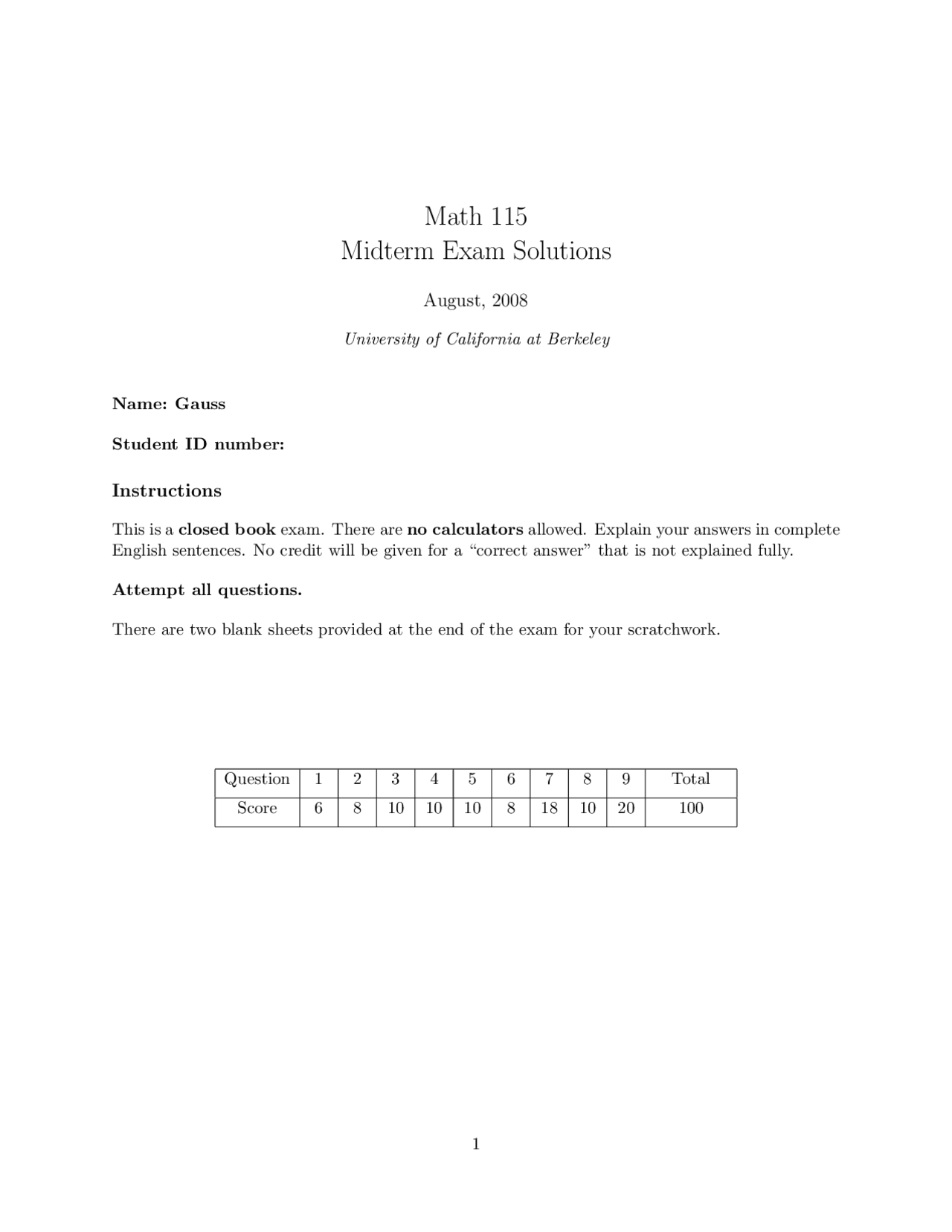 Midterm Exam Solutions Introduction To Number Theory Math 115 Docsity