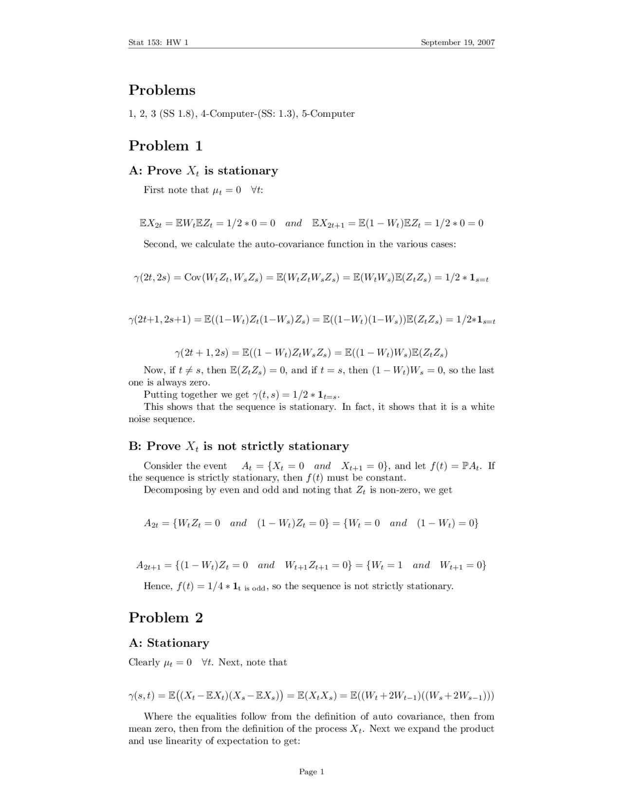 Homework Problem With Solution Introduction To Time Series Stat 153