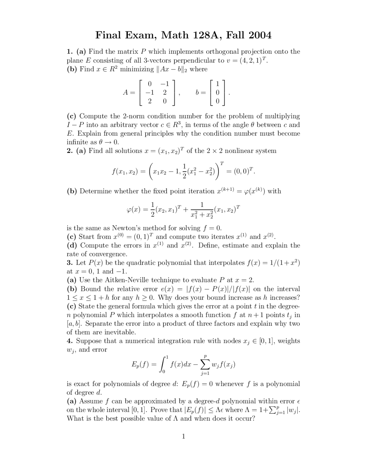 Final Exam - Numerical Analysis - Fall 2004 | MATH 128A | Exams Mathematical Methods for ...
