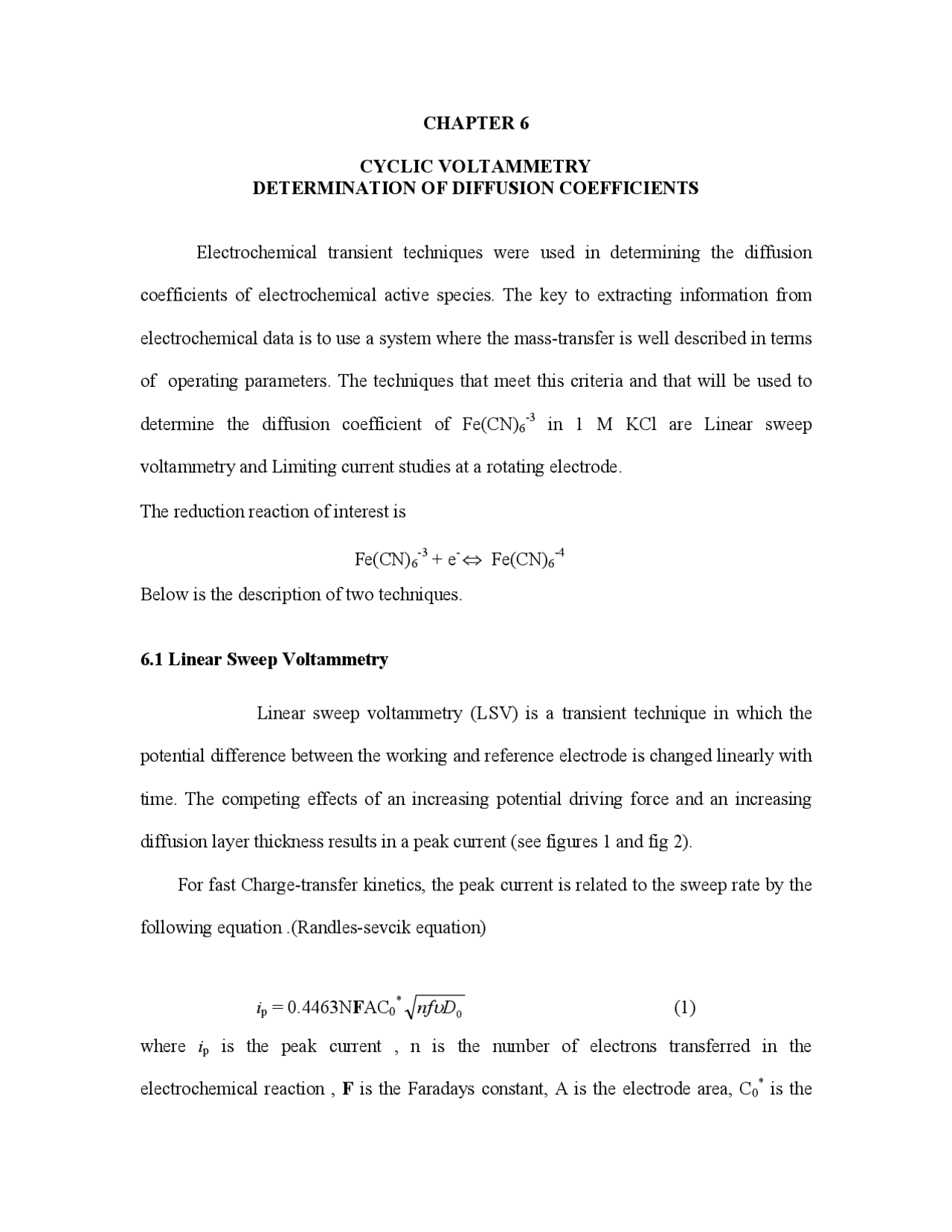 Cyclic Voltammetry - Determination of Diffusion Coefficient | ECHE 789V - Docsity