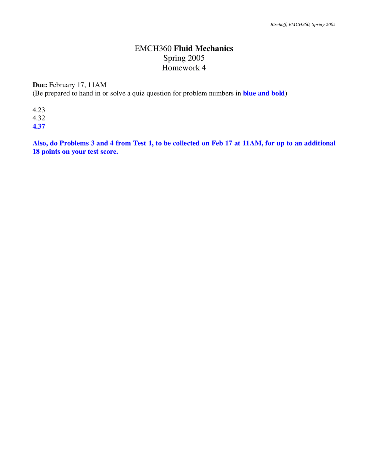 Homework 7 for Fluid Mechanics - Spring 2005 | EMCH 360 - Docsity