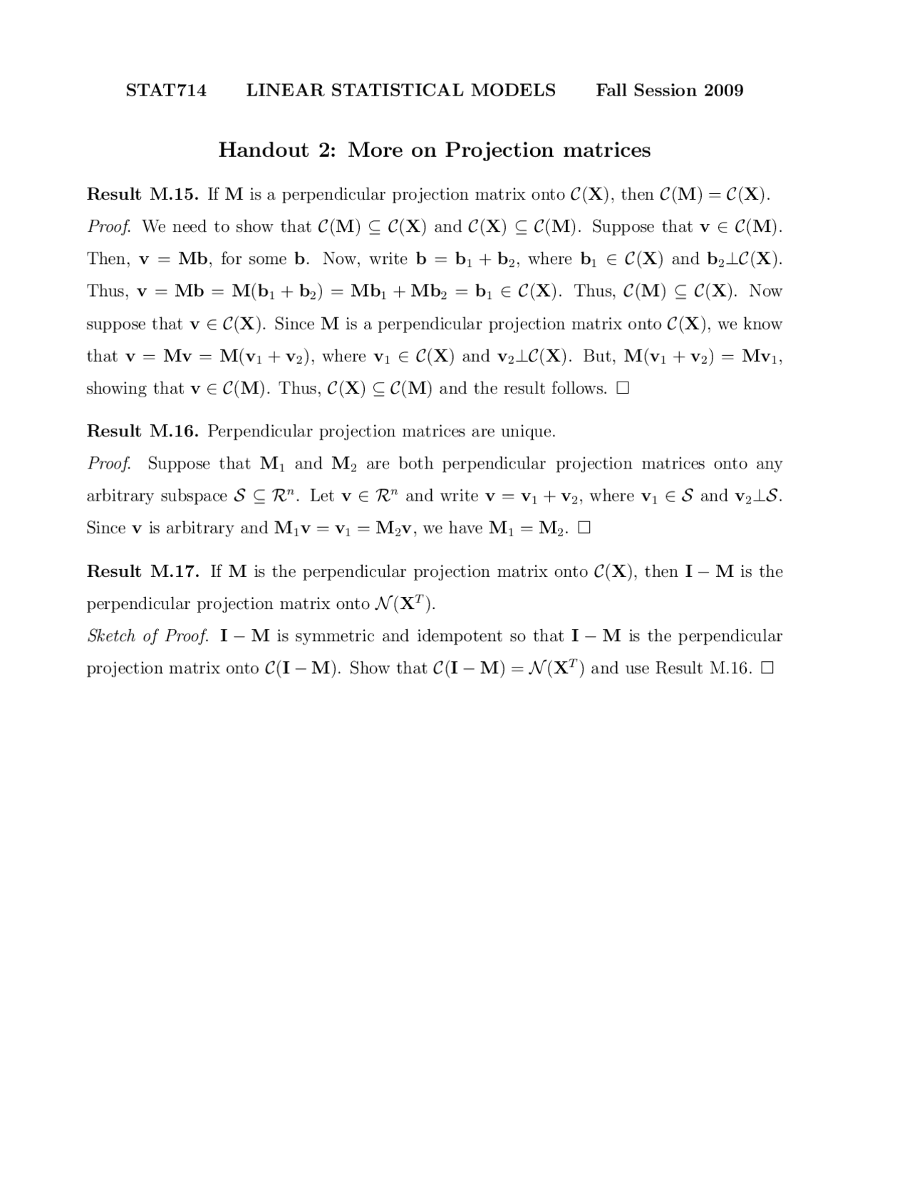 Projection Matrices Linear Statistical Models Handout Stat 714 Docsity