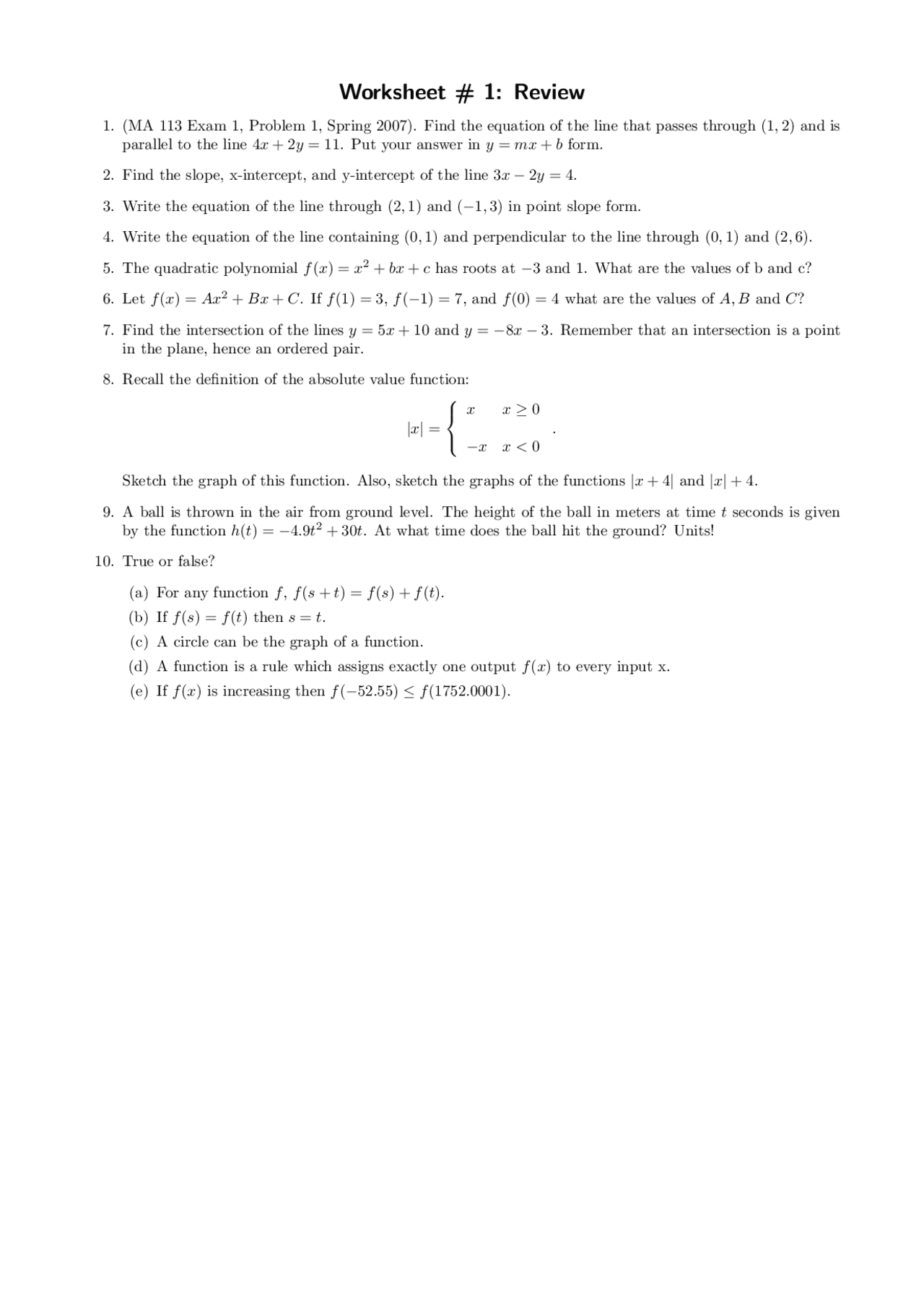 Exam 1 Review Sheet For Calculus I Ma 113 Docsity