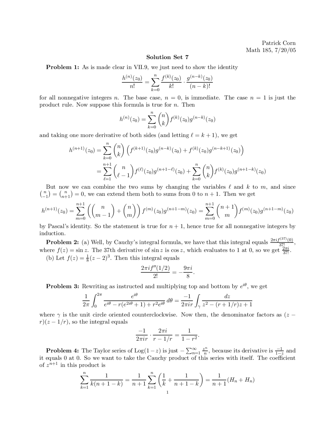 Introduction To Complex Analysis Solution Set 7 Math 185 Docsity