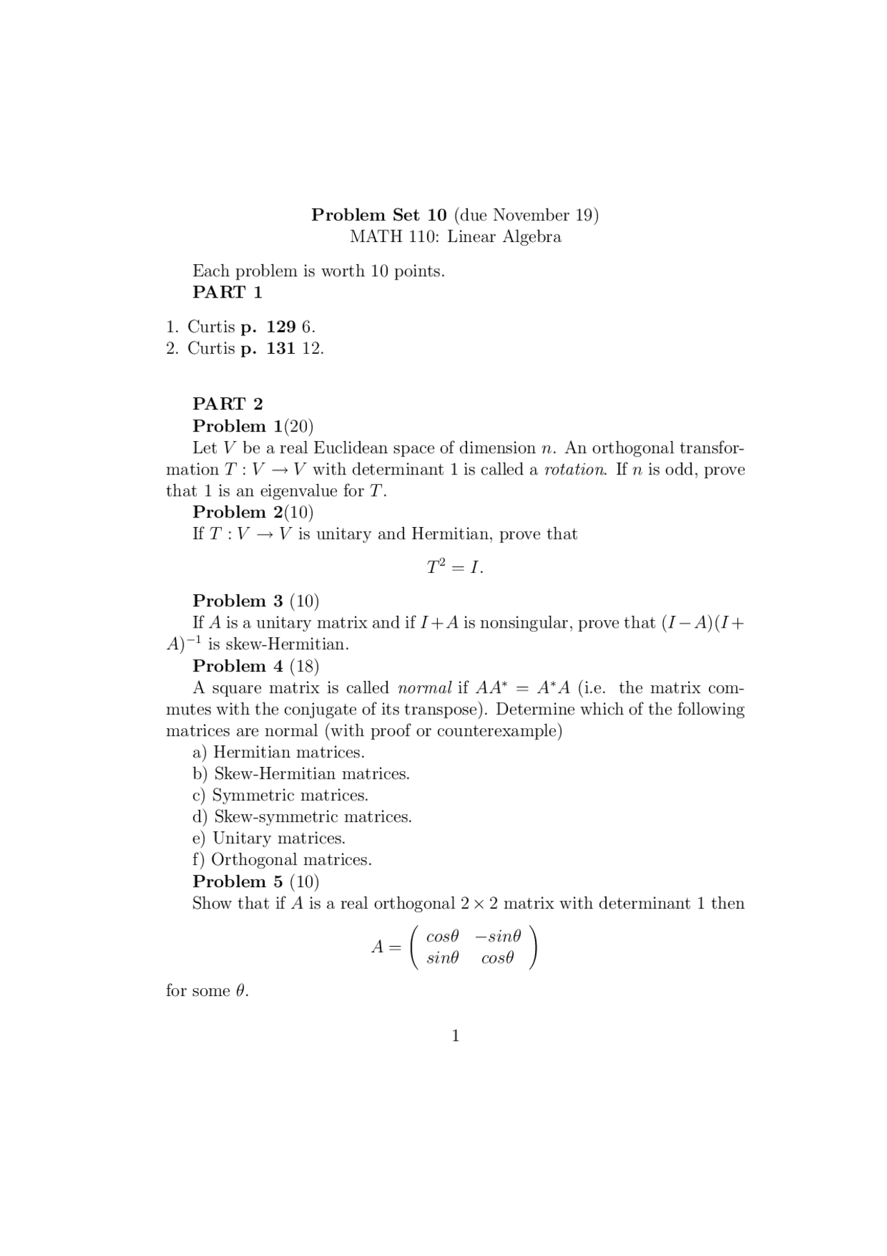 Problem Set 10 Linear Algebra Math 110 Docsity