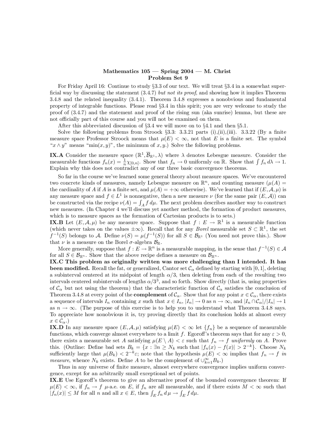 Problem Set 9 Solutions Analysis Ii Math 105 Docsity