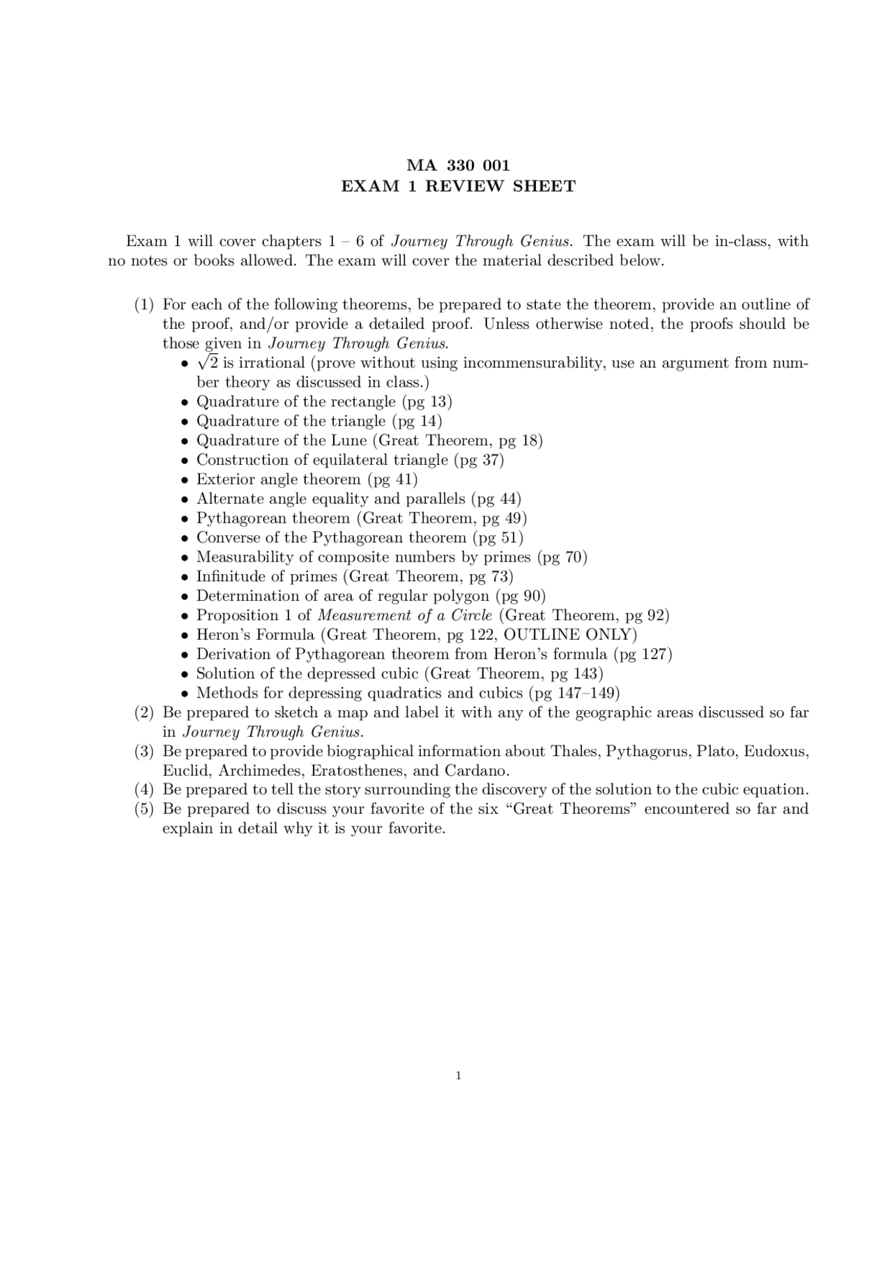 Old Exam 1 Review Sheet History Of Mathematics Ma 330 Docsity