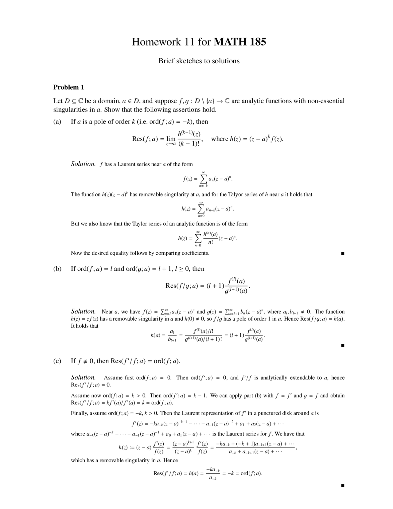 4 Solved Problems to Compute the Residues of Functions - Assignment 11 | MATH 185 - Docsity