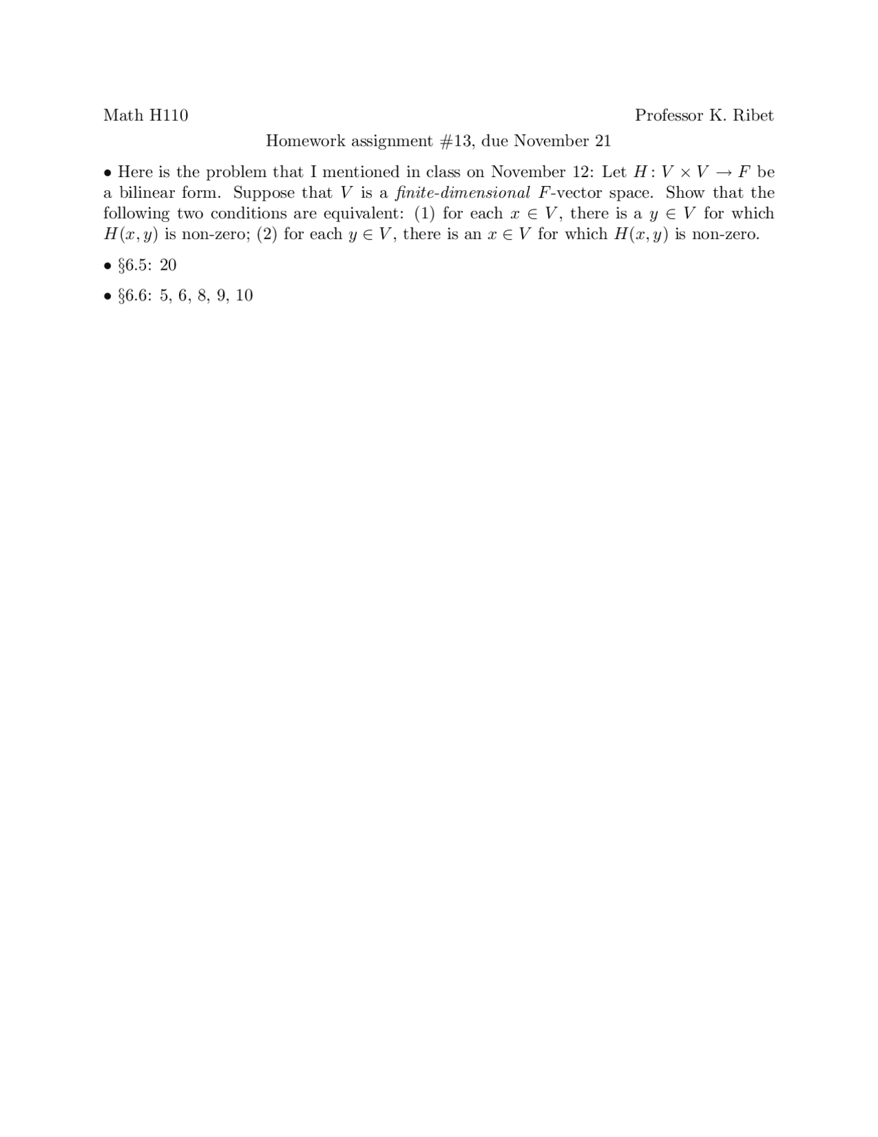 Honors Linear Algebra Homework Assignment 13 Math H110 Docsity