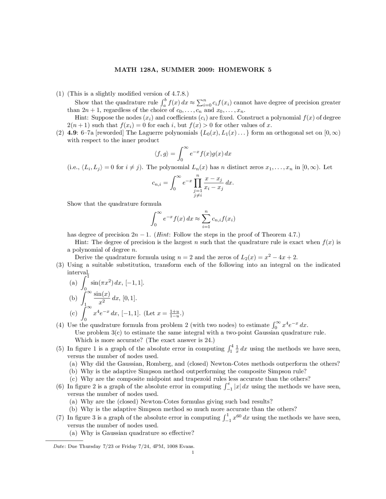 Questions for Homework 5 | Numerical Analysis | MATH 128A - Docsity