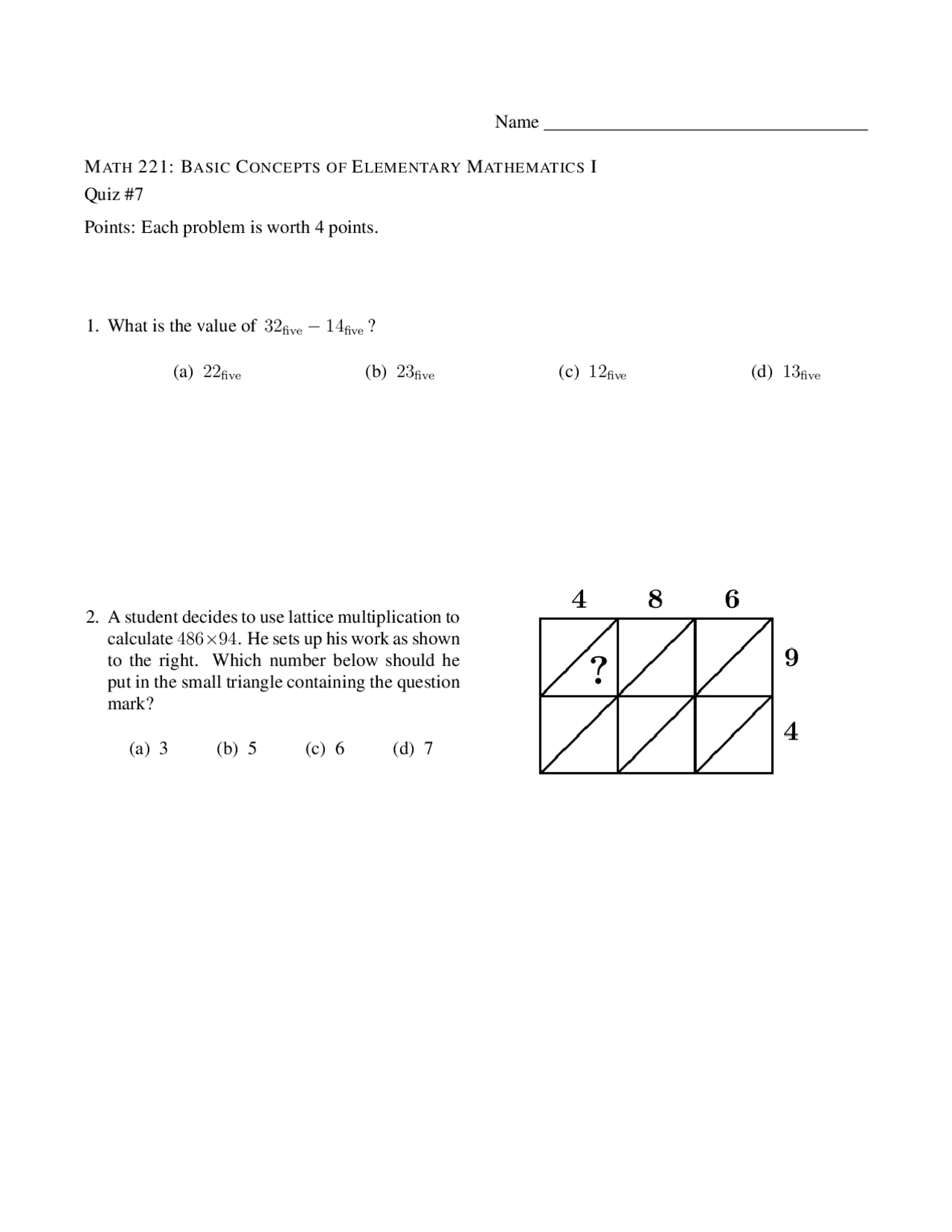 Quiz 7 - Basic Concepts of Elementary Mathematics I | MATH 221 - Docsity
