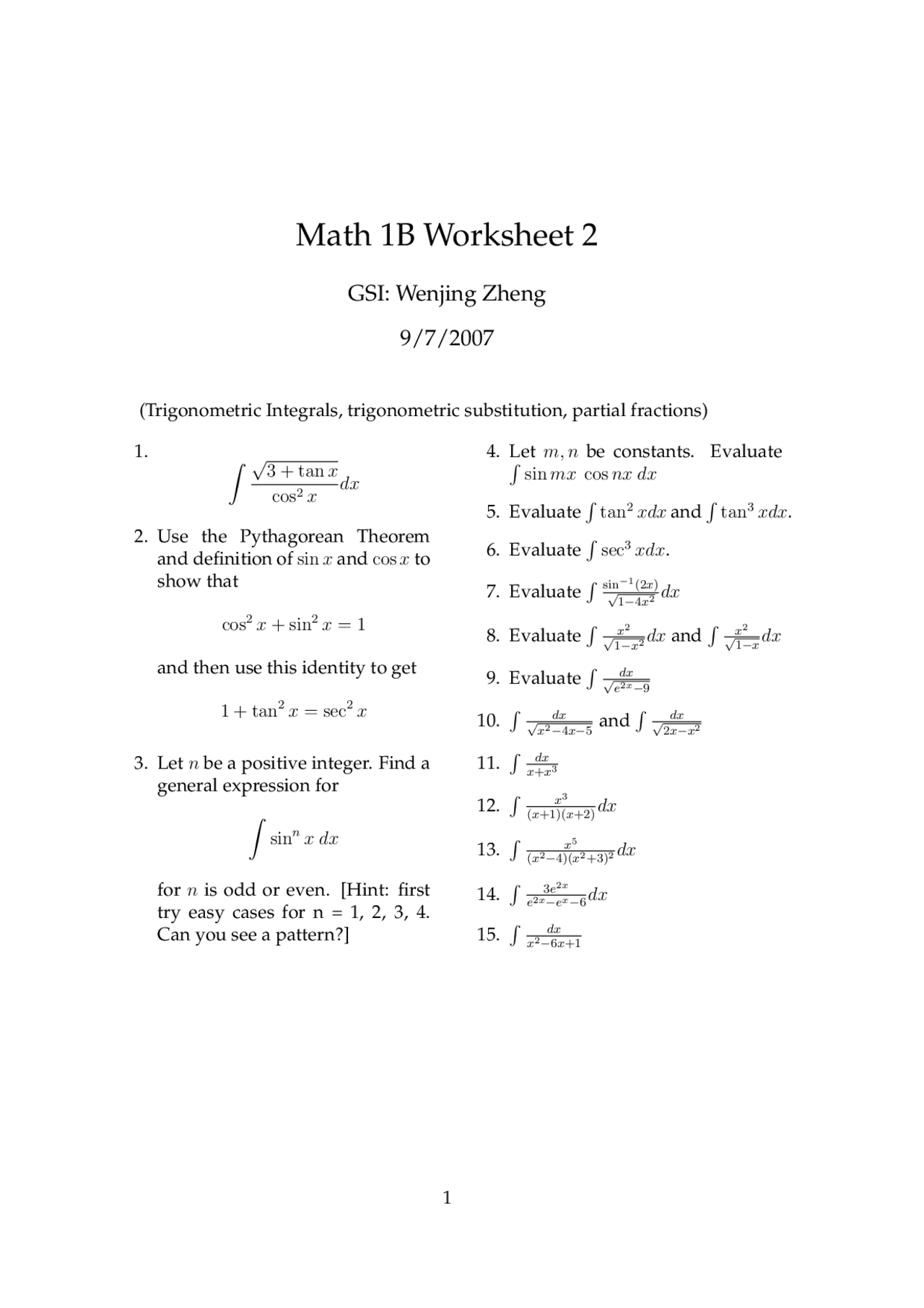 Worksheet 2 for Trigonometric Integrals, Partial Functions | MATH 1B ...