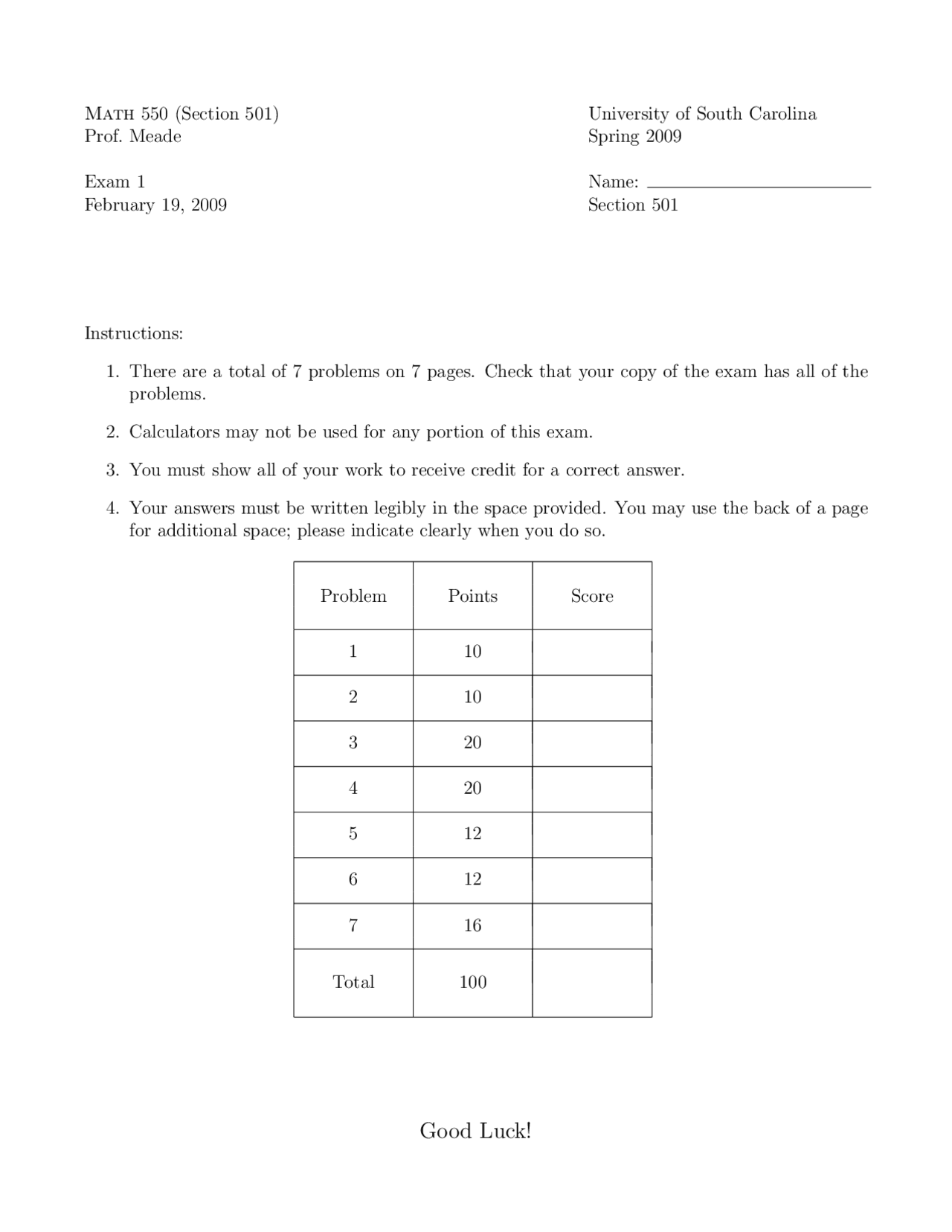 7 Problems for Vector Analysis - Old Examination 1 | MATH 550 - Docsity