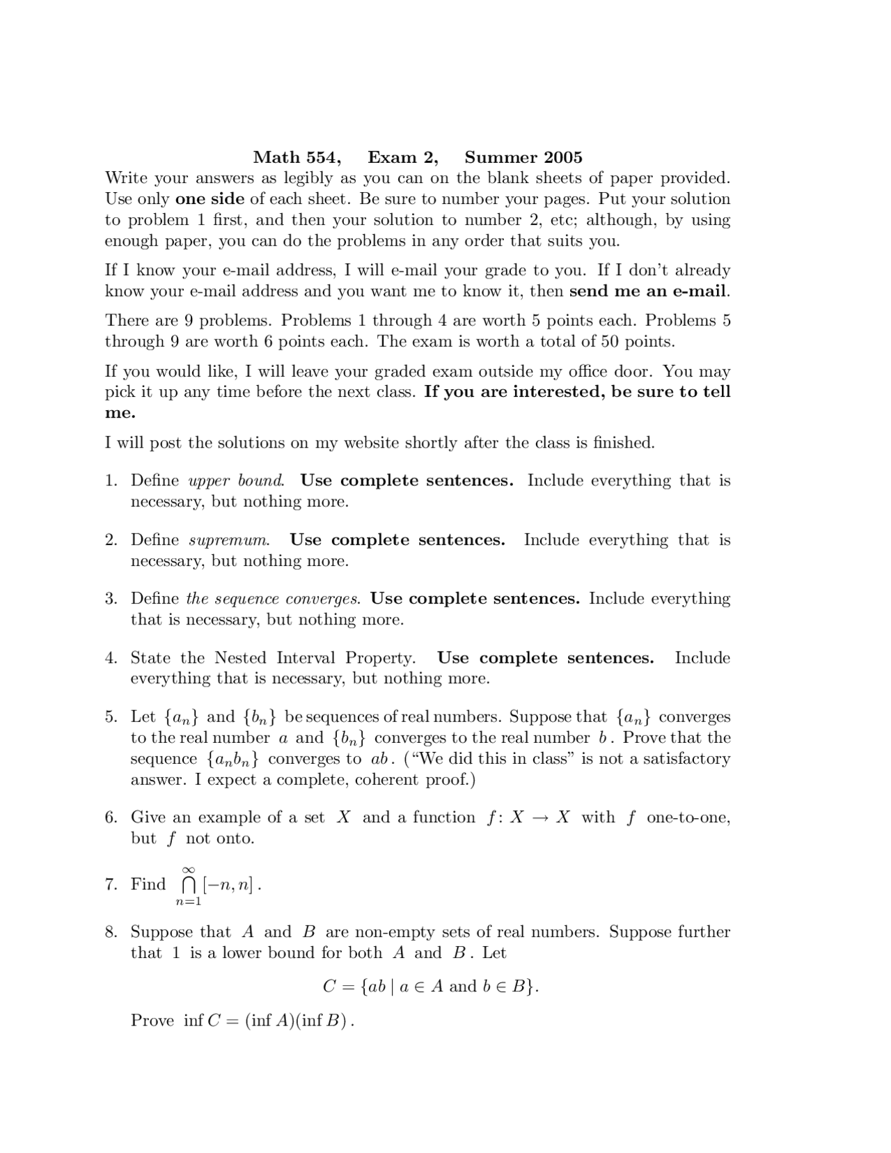 Exam 2 With Practice Problems Analysis I Math 554 Docsity