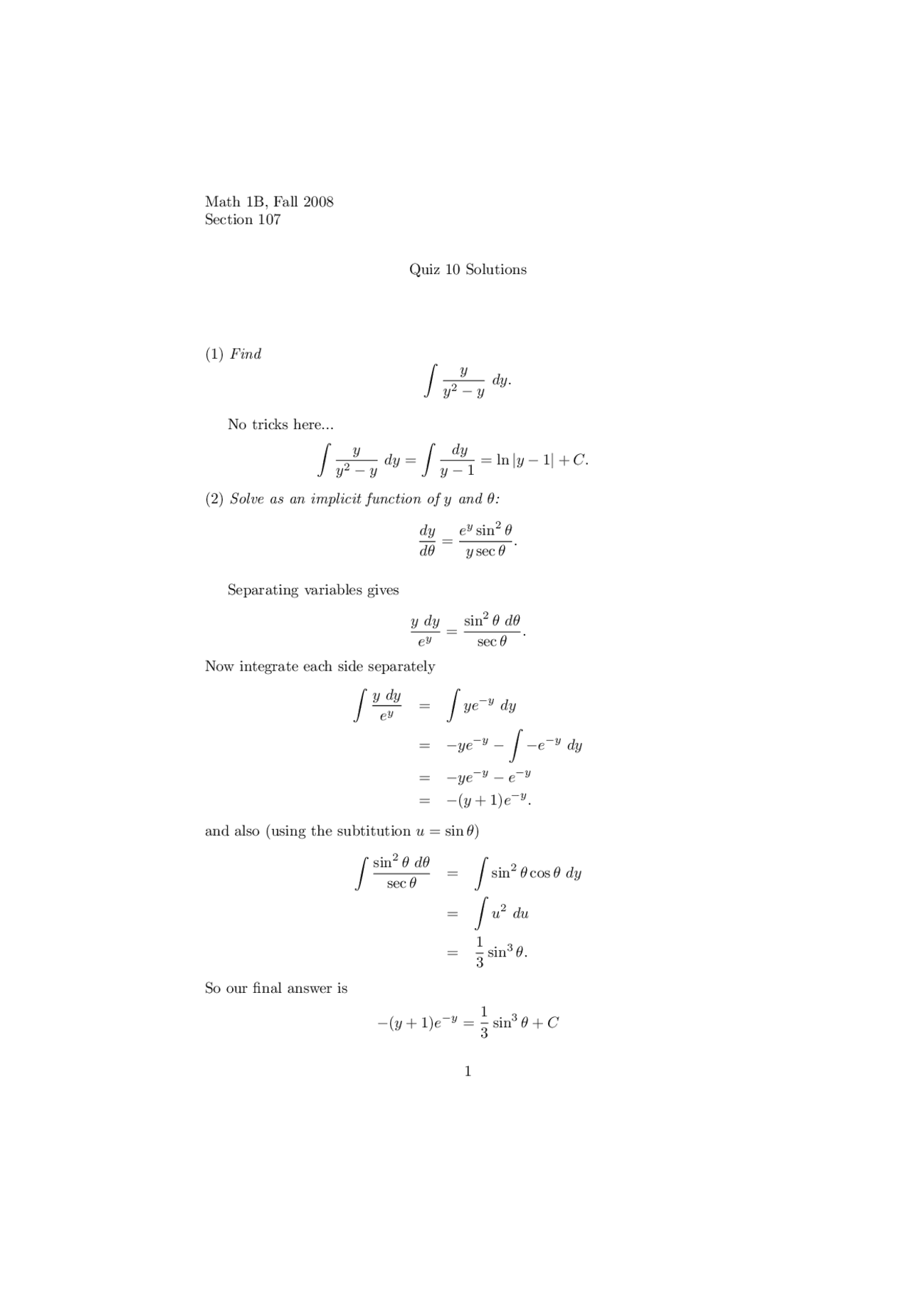 Quiz 10 Solutions - Calculus - Fall 2008 | MATH 1B - Docsity
