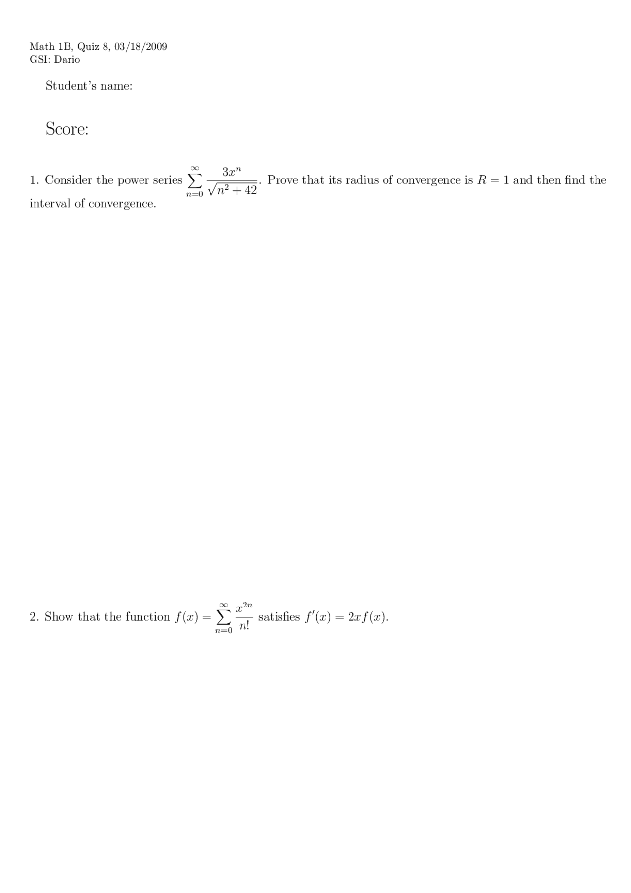 Quiz 8 - Calculus - Questions for Solution | MATH 1B - Docsity