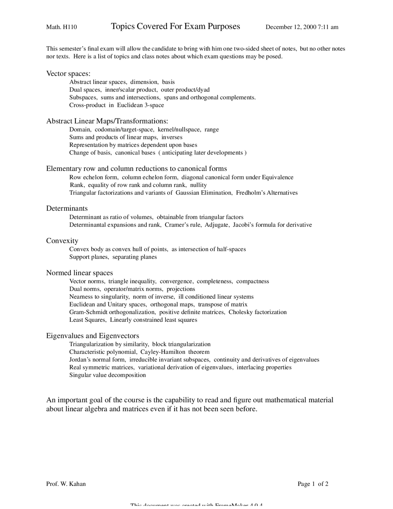 Topics Covered For Exam Purposes Linear Algebra Honors Math H110