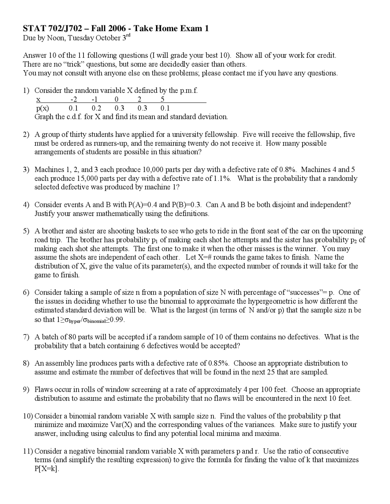 11 Questions For Exam 1 Introduction To Statistical Theory Stat 702