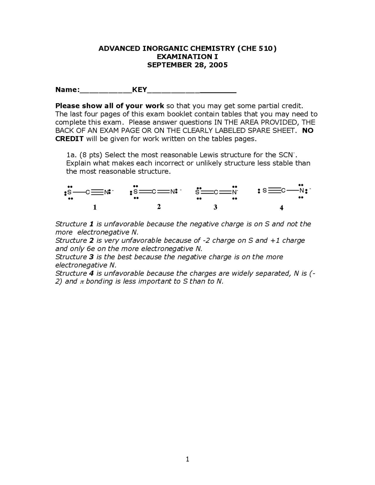 Exam 1 Questions With Solutions Advanced Inorganic Chemistry Che