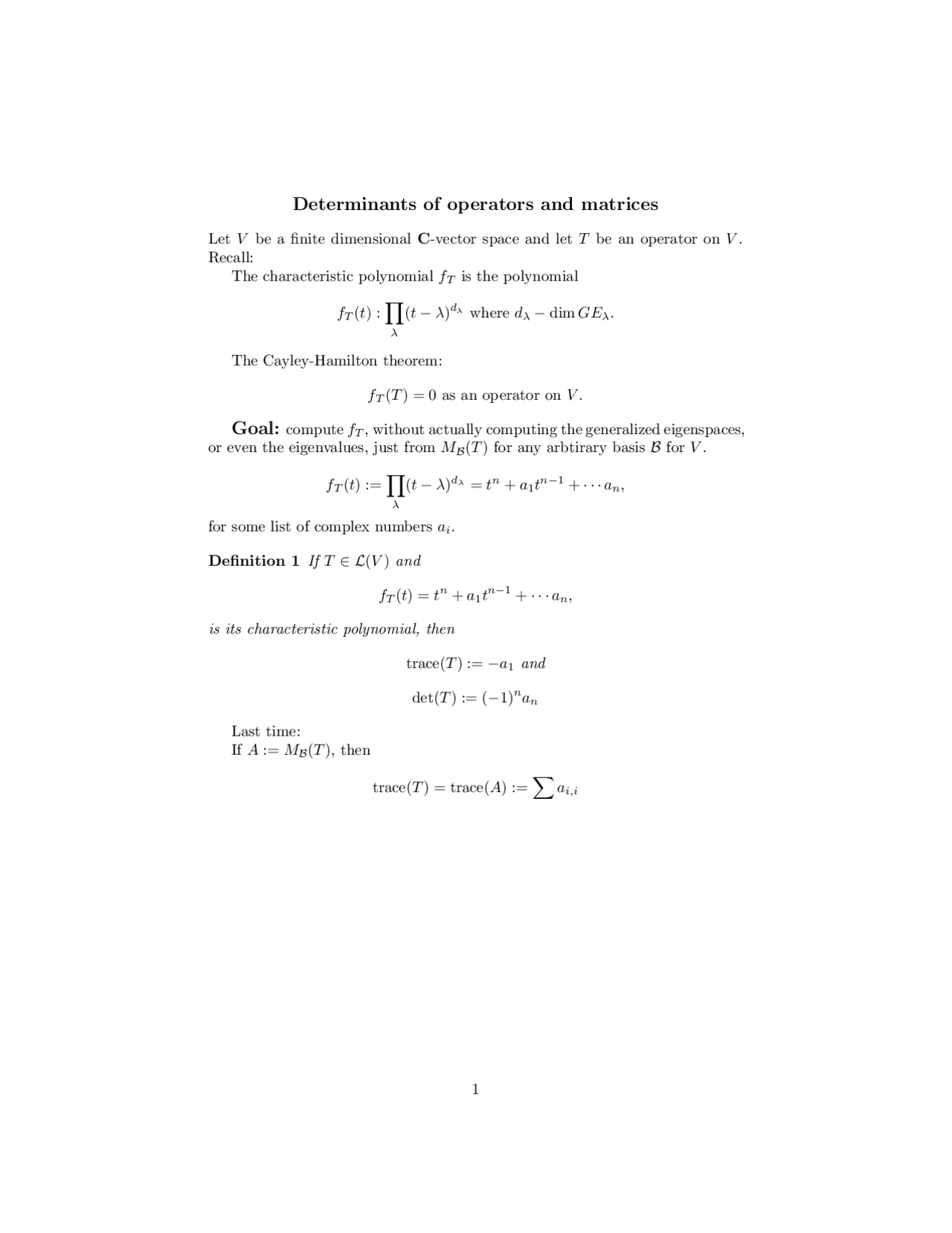 Notes On Determinants Of Operators And Matrices Math 110 Docsity