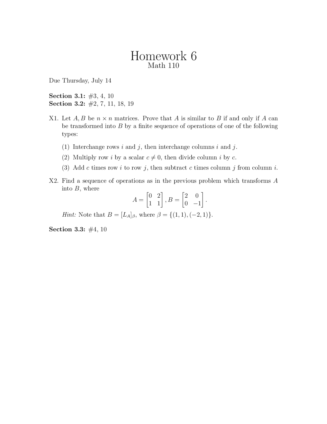 Linear Algebra Homework 6 Questions Math 110 Docsity