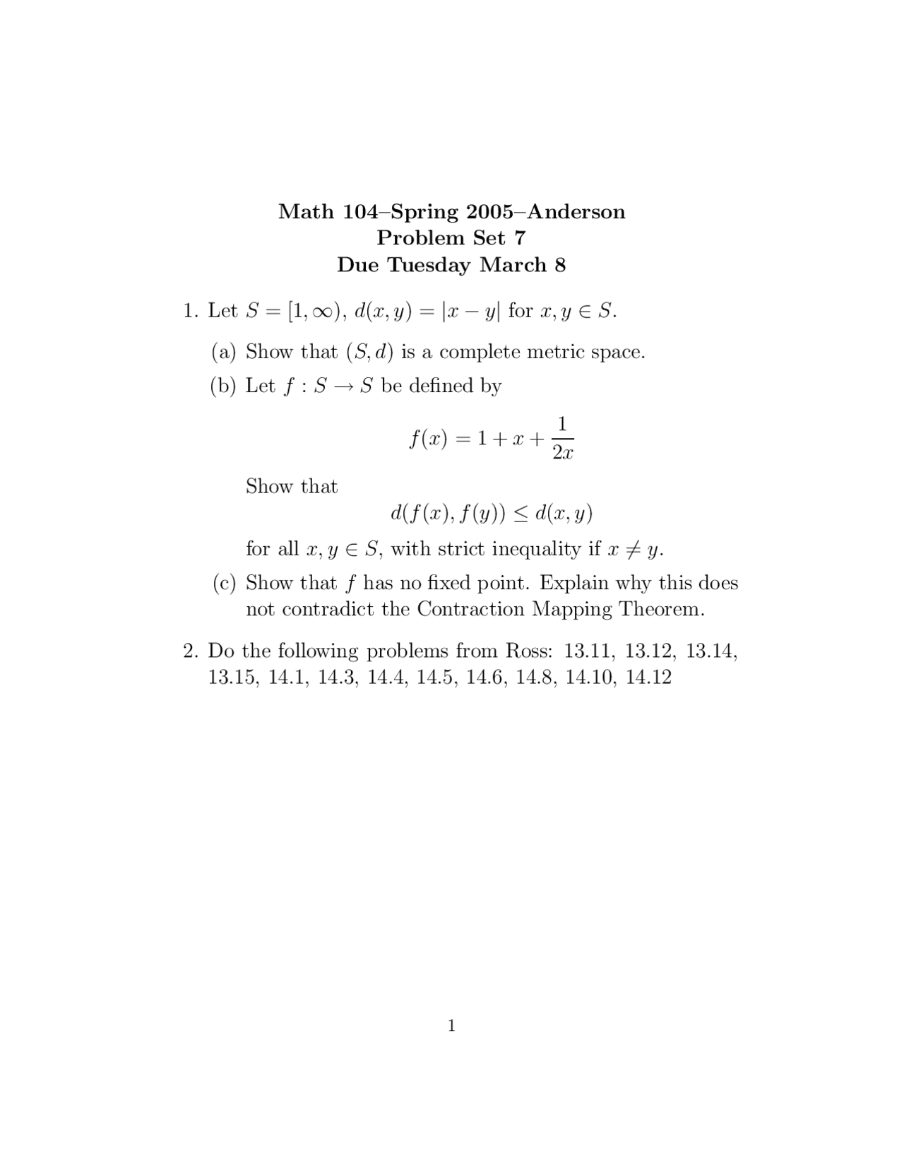 Introduction To Analysis Problem Set 7 Fall 2005 Math 104 Docsity