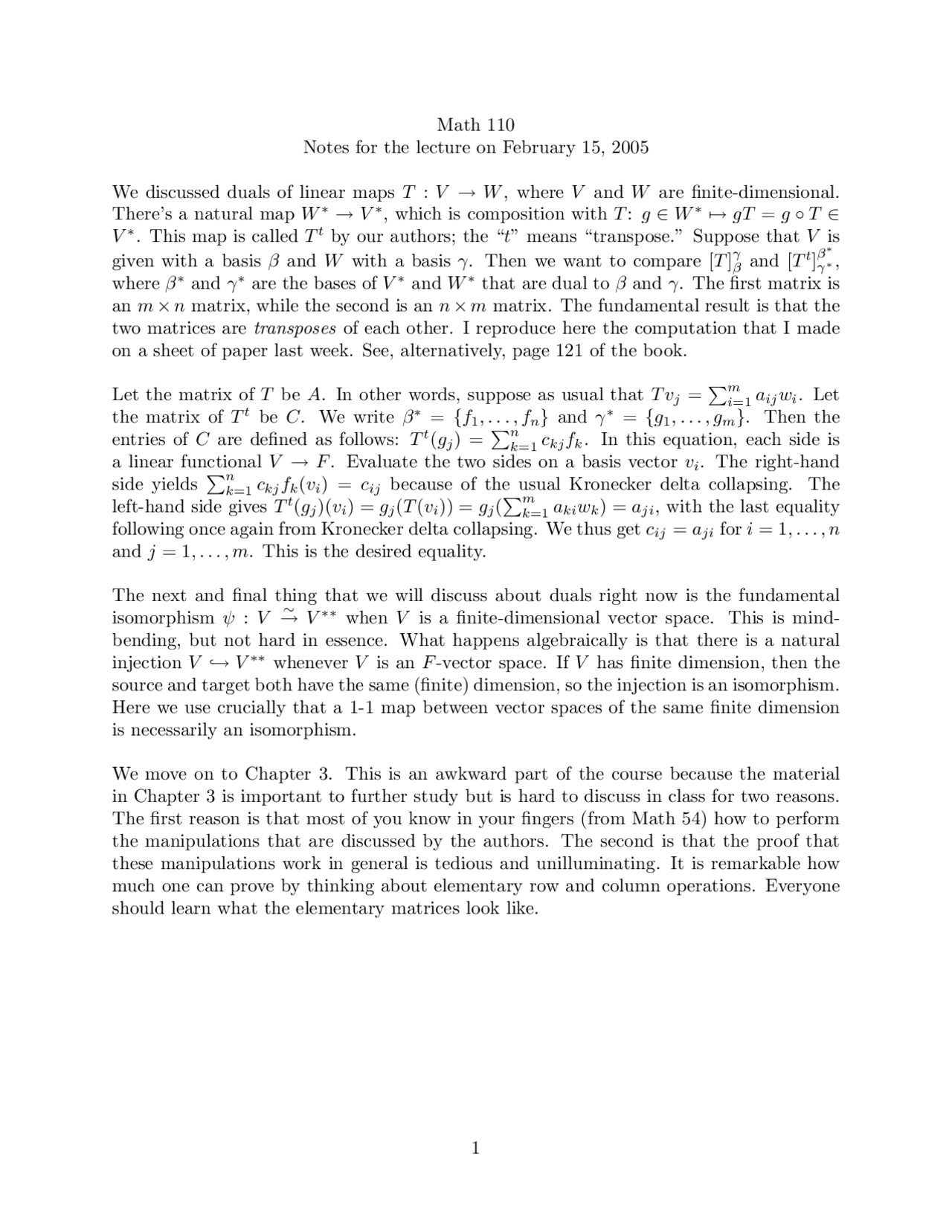 Exam Review Notes For Linear Algebra Math 110 Docsity