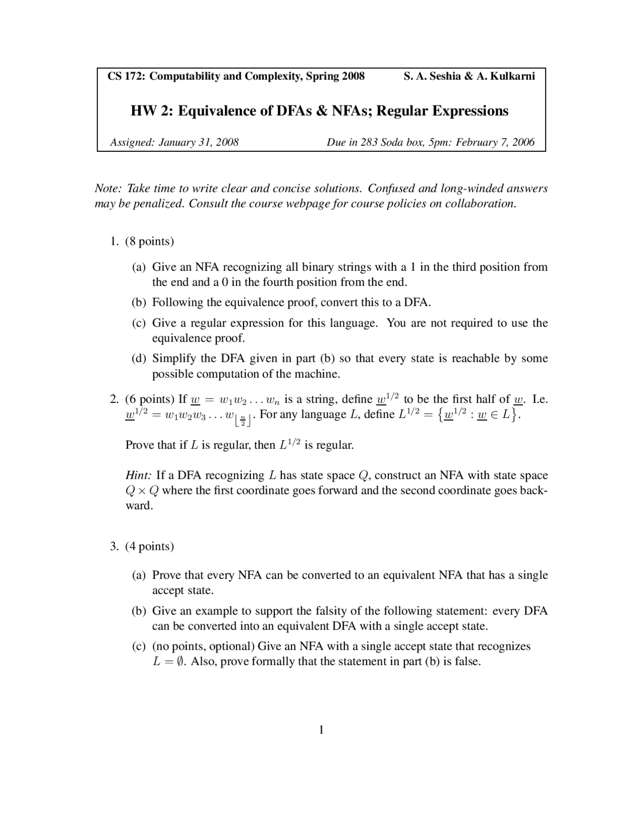 Equivalence Of Dfas And Nfas Assignments Computer Science Docsity
