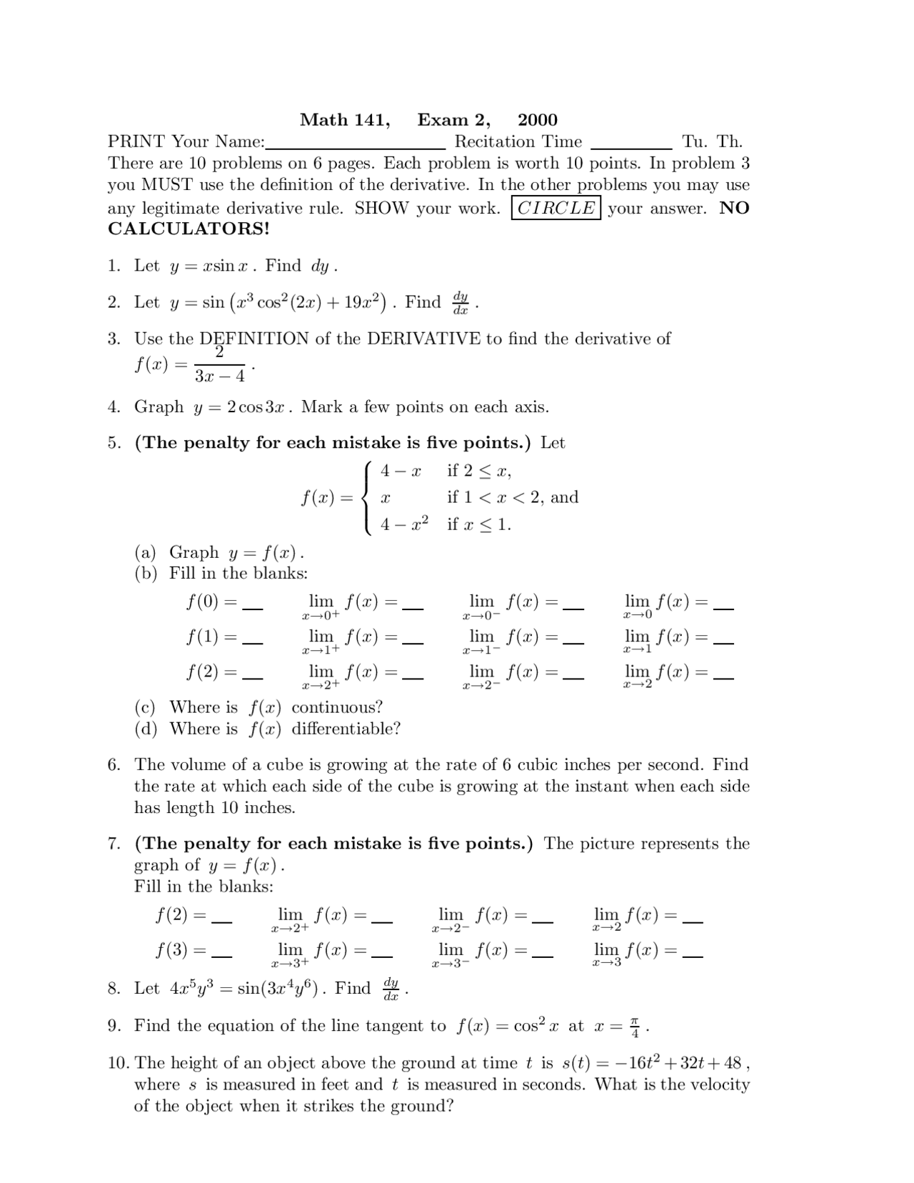 Exam 2 Sample Questions Calculus I Math 141 Docsity