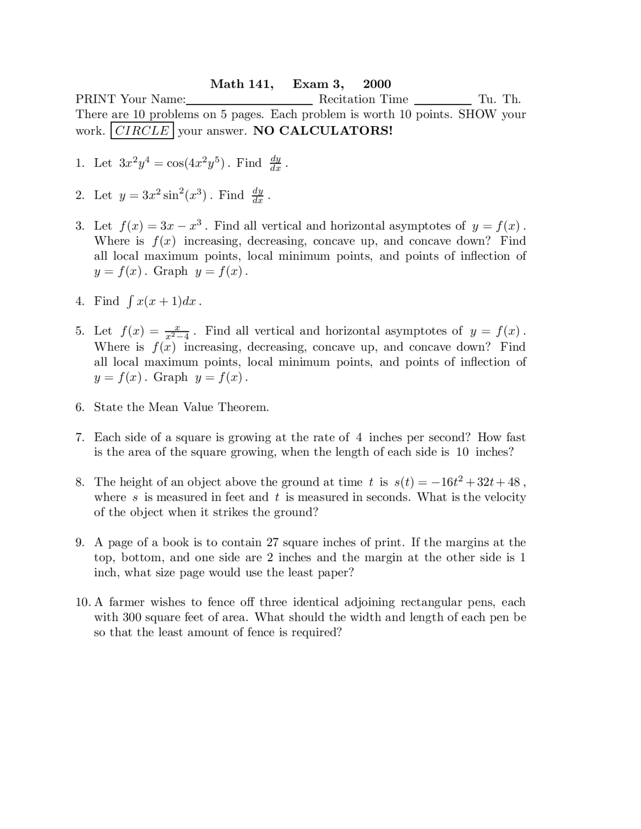 10 Problems Exam 3 - Calculus I - Fall 2000 | MATH 141 - Docsity