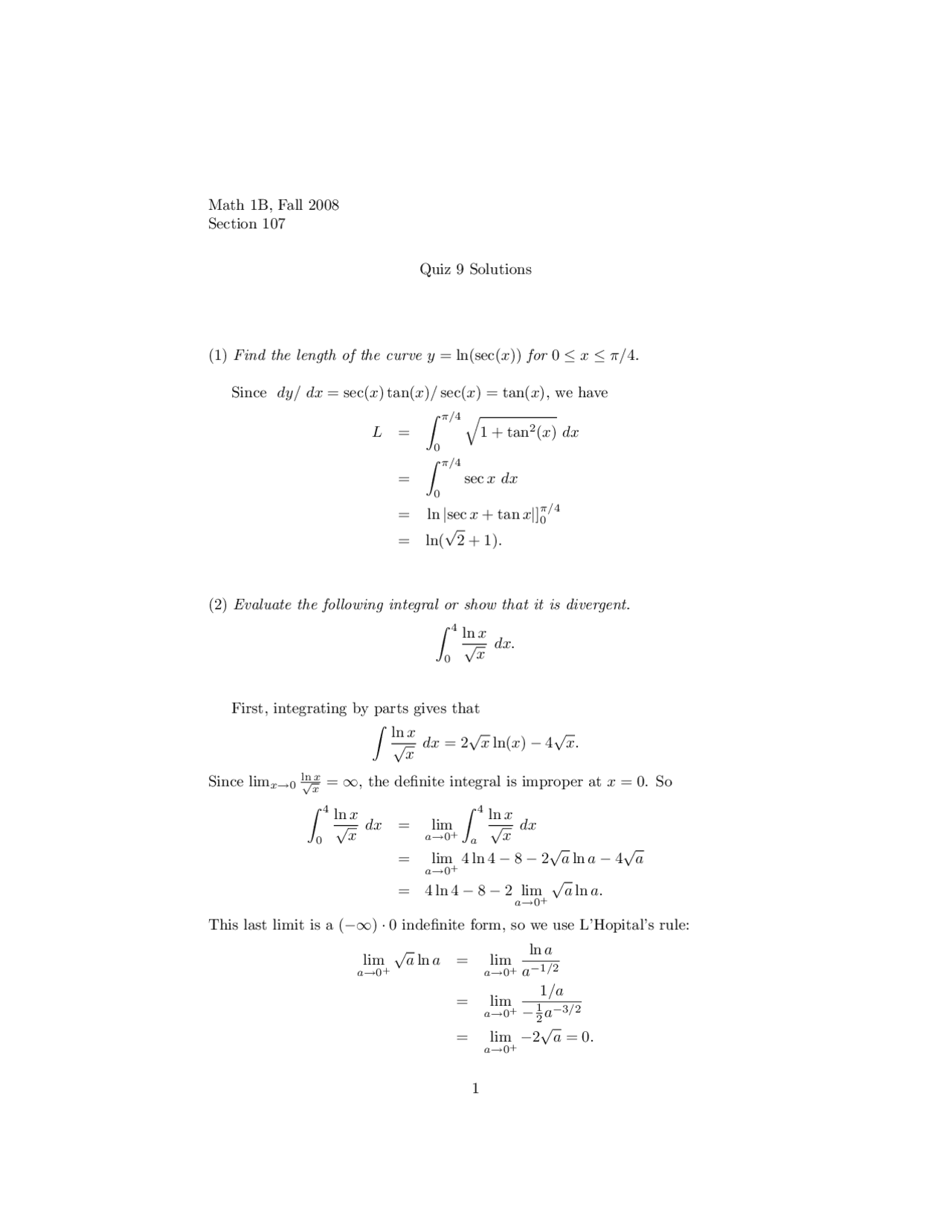 Quiz 9 Solved Questions Calculus I Fall 2008 Math 1b Quizzes Calculus Docsity