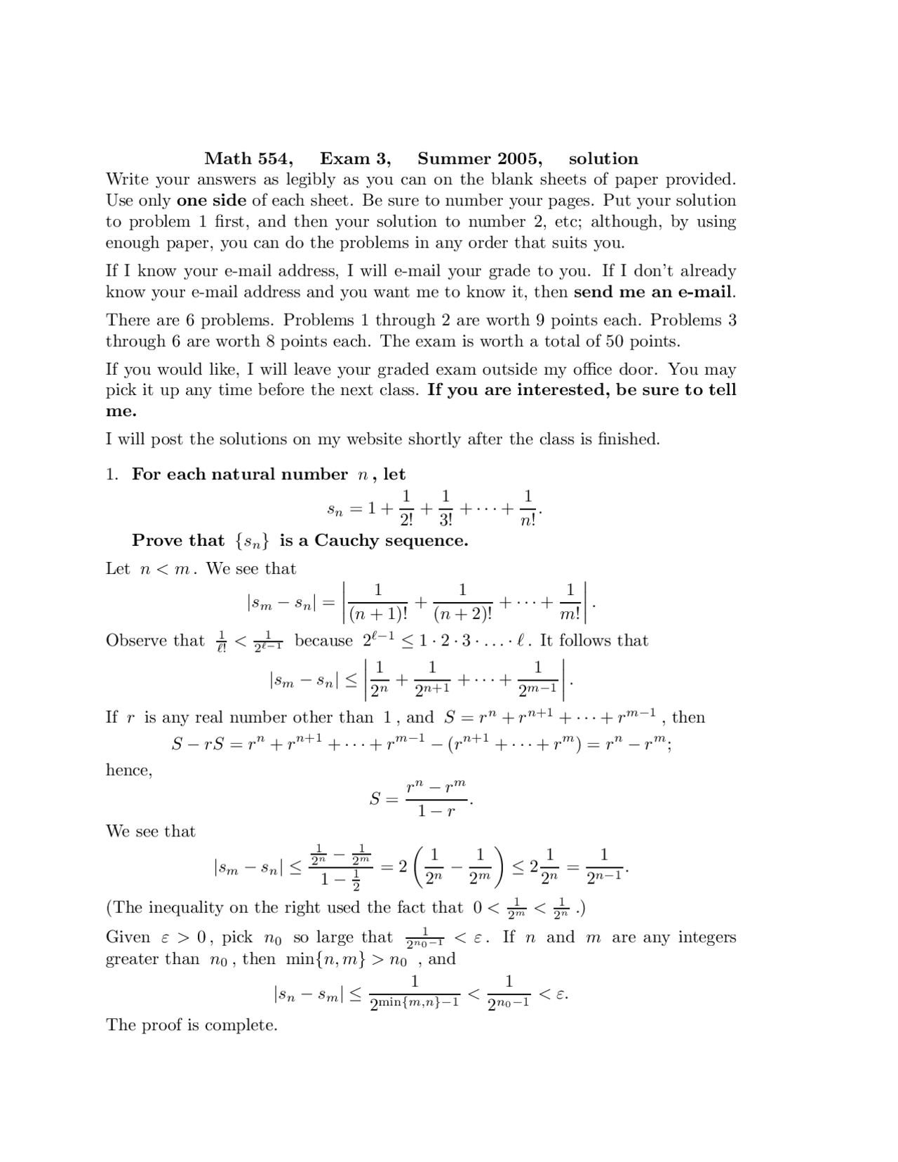 Practice Exam 3 Solutions Analysis I Fall 2005 Math 554 Docsity