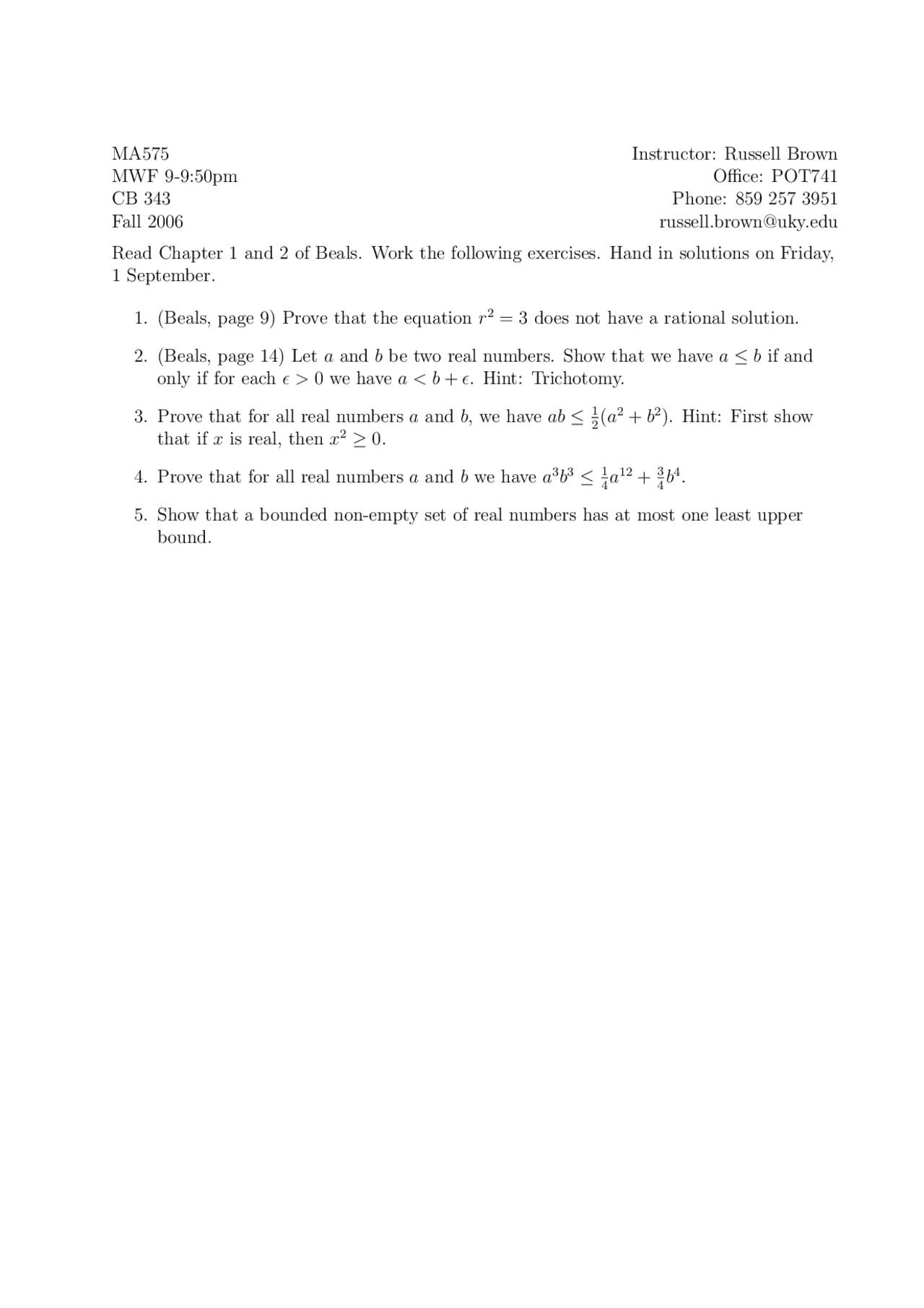 Assignment 1 On Beals Principles Of Analysis Ma 575 Docsity