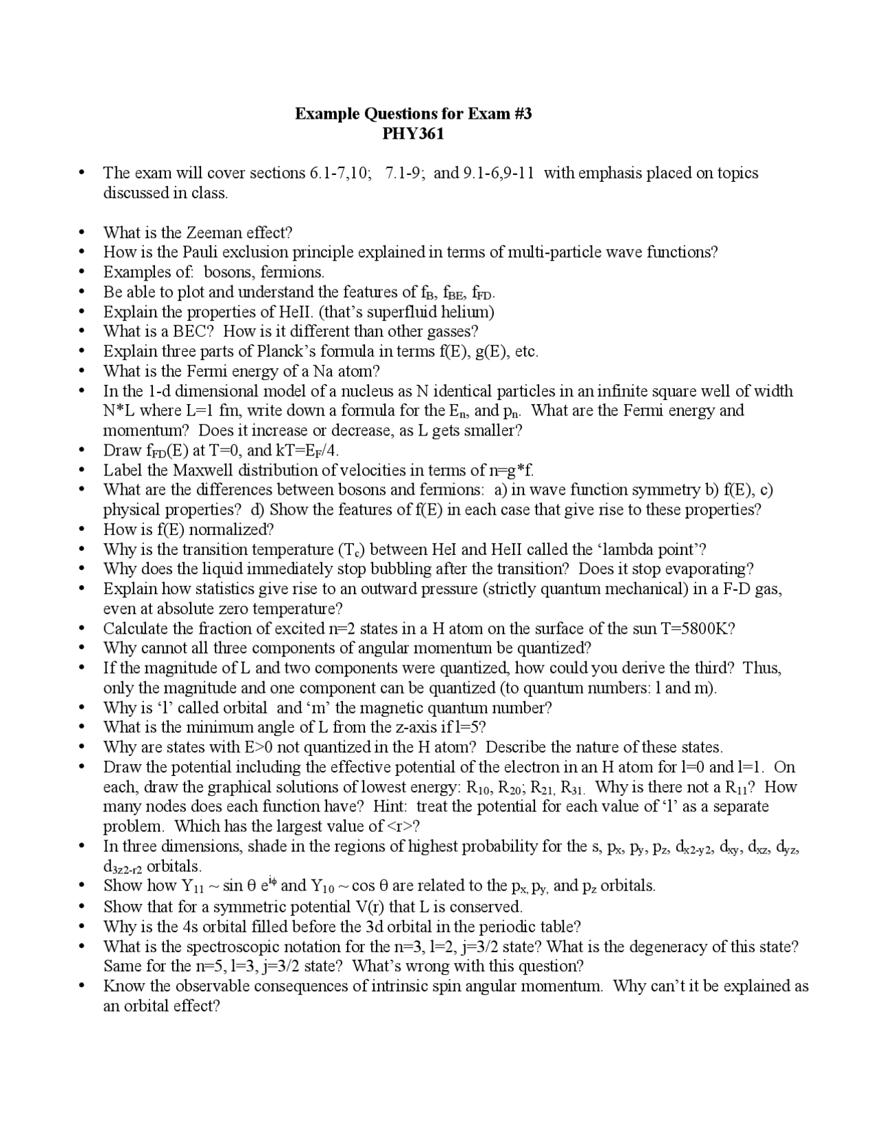 Example Questions For Exam 3 Principles Of Modern Physics Phy 361