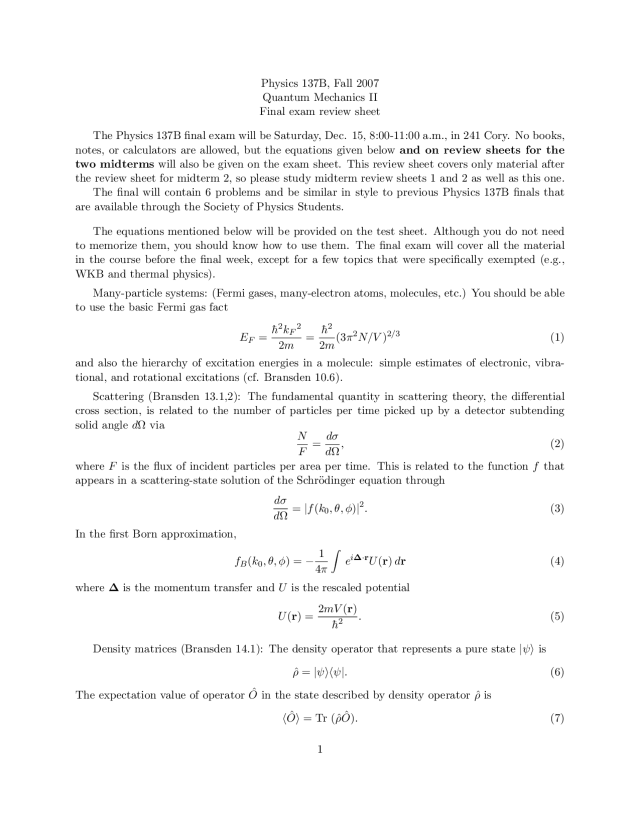 Final Exam Review Sheet - Quantum Mechanics | PHYSICS 137B - Docsity
