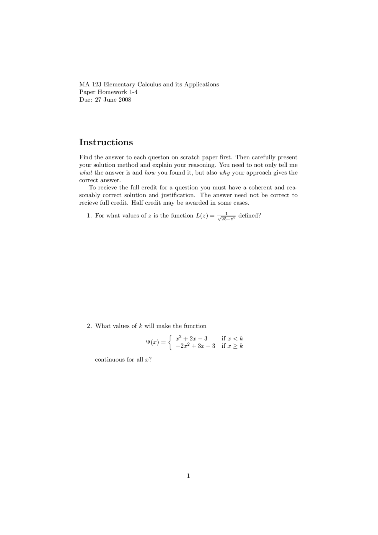 Homework 1 For Elementary Calculus And Its Applications Ma 123 Docsity