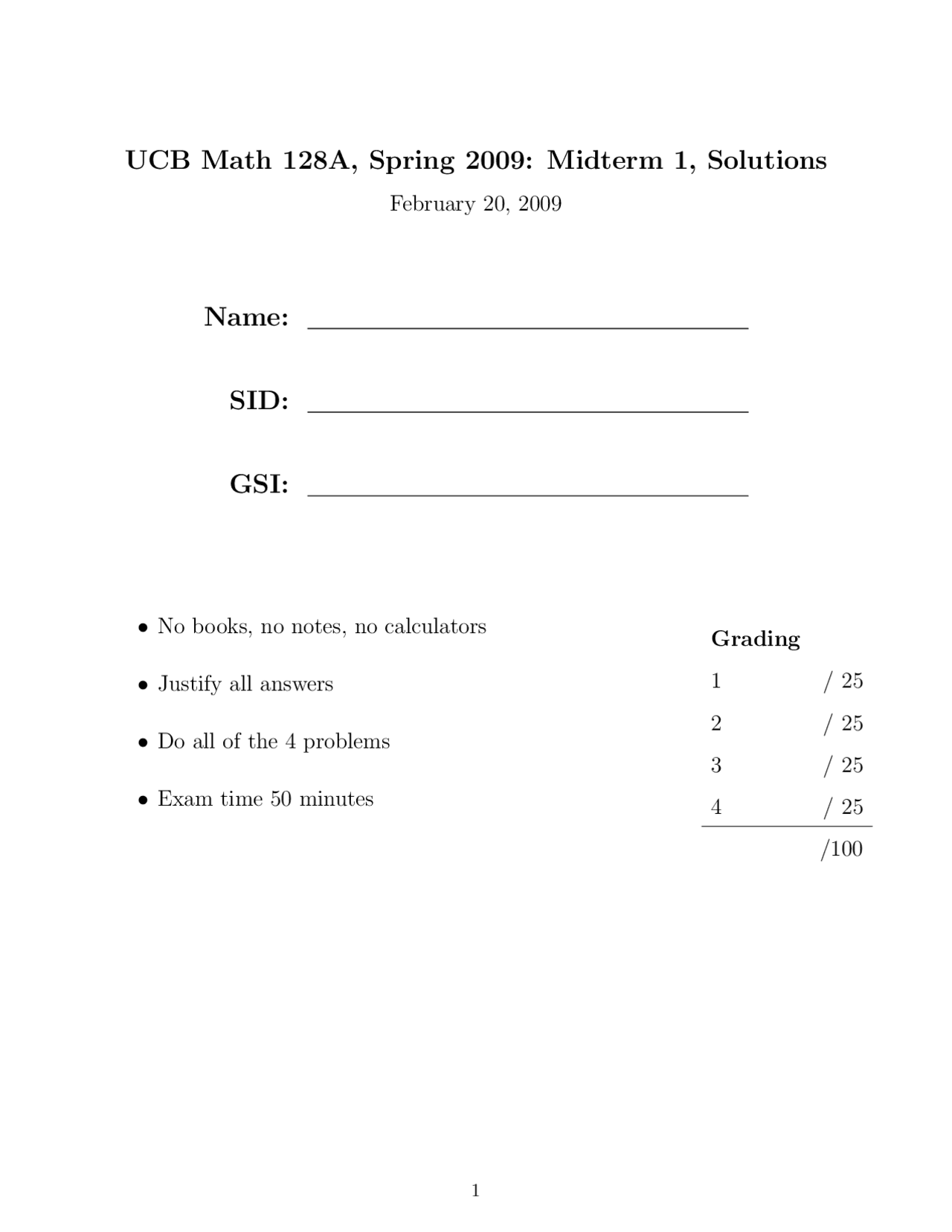 Midterm Exam 1 Solutions Numerical Analysis Math 128a Docsity